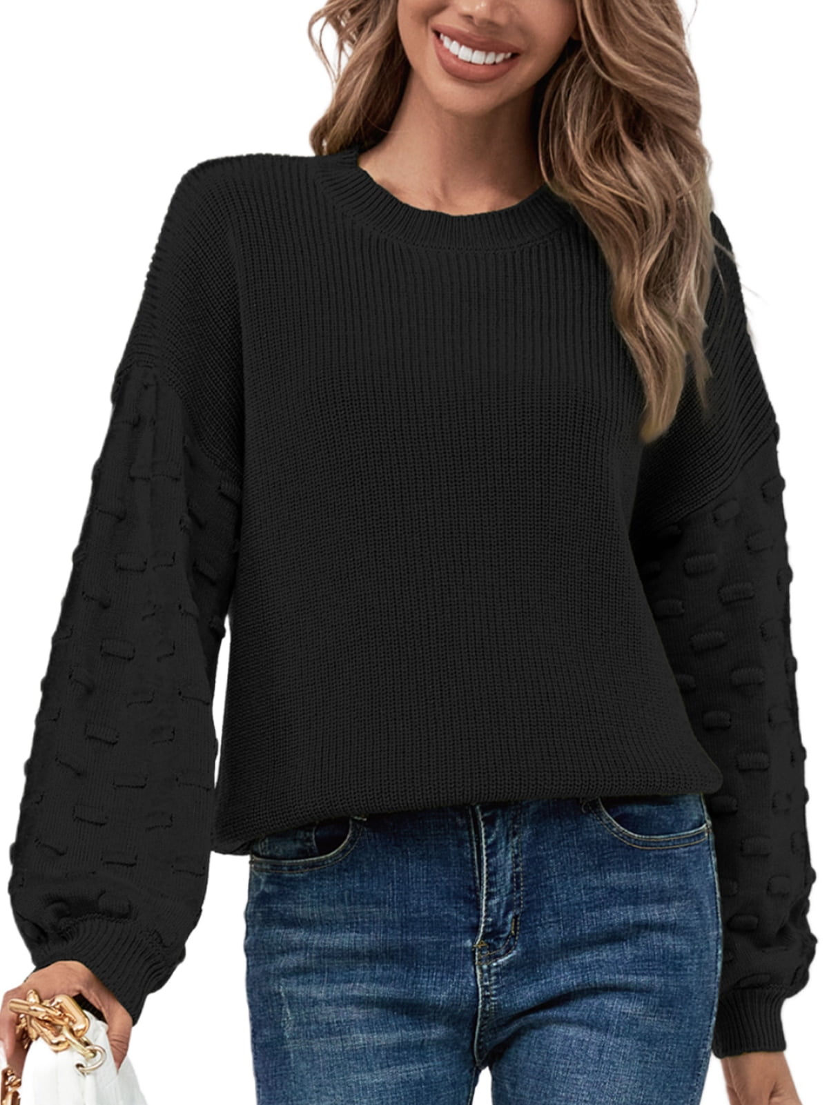 WIPONKEN Women's Knitted Crew Neck Sweater, 30% Wool, Puff Sleeve ...