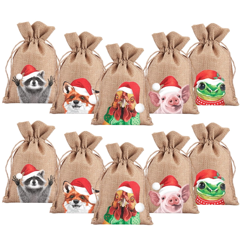 WIRESTER 10 Pieces Gift Bags Christmas Drawstring Bag Christmas Linen ...