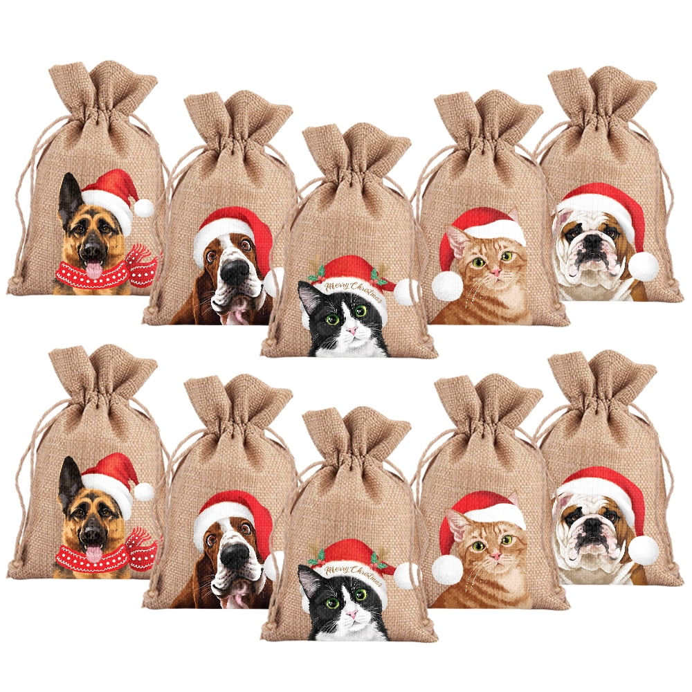 WIRESTER 10 Pieces Gift Bags Christmas Drawstring Bag Christmas Linen ...