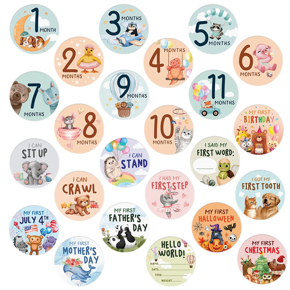 WIRESTER 24-Pack 4-Inch Baby Monthly Milestone Stickers, Zoo Animal ...
