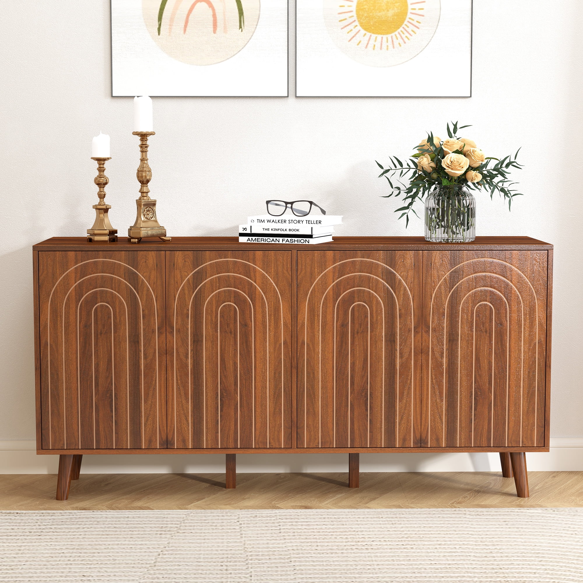 WIRRYTOR Fluted Sideboard Cabinet with Storage and Adjustable Shelves, Buffet Cabinet, Accent ...