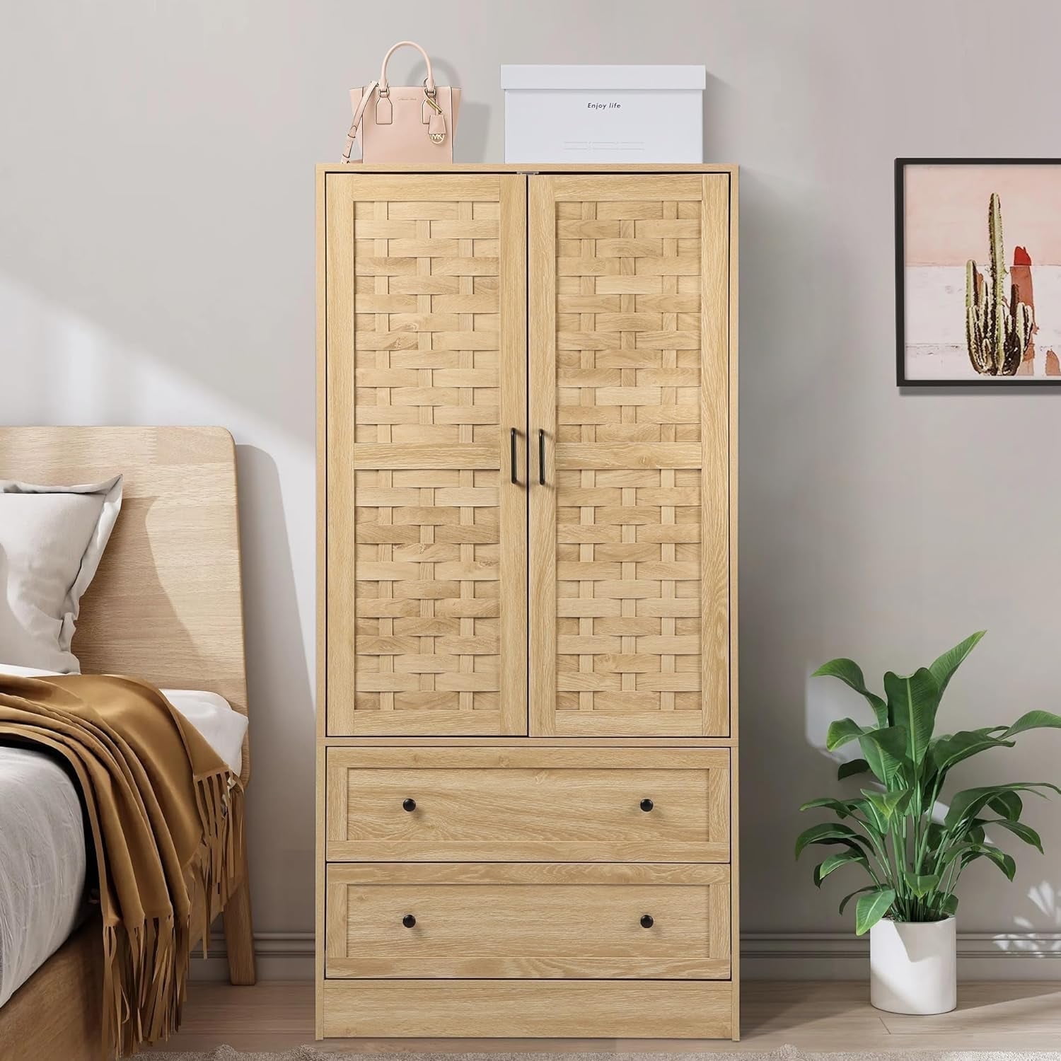 WIRRYTOR Modern Metal 2-Door Wardrobe with Storage Drawers and Clothing ...