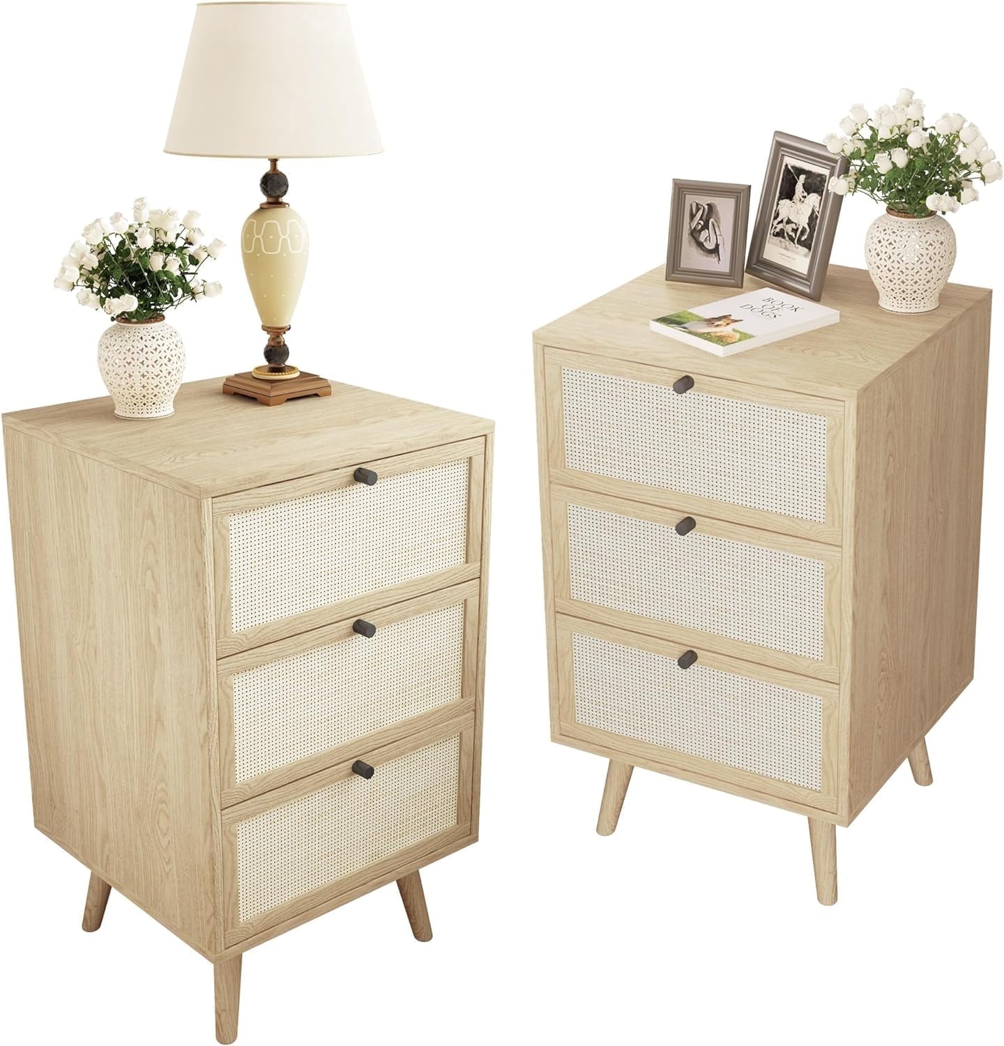 WIRRYTOR Rattan Nightstand, Indoor 3-Drawer Side Table for Bedroom ...