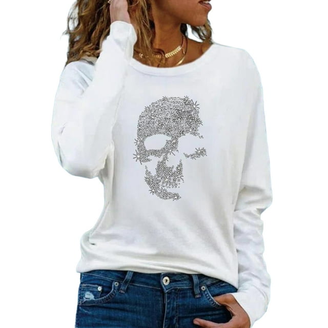 WISEFIN Halloween Skulls Sequins Womens Long Sleeve Blouse Tops ...