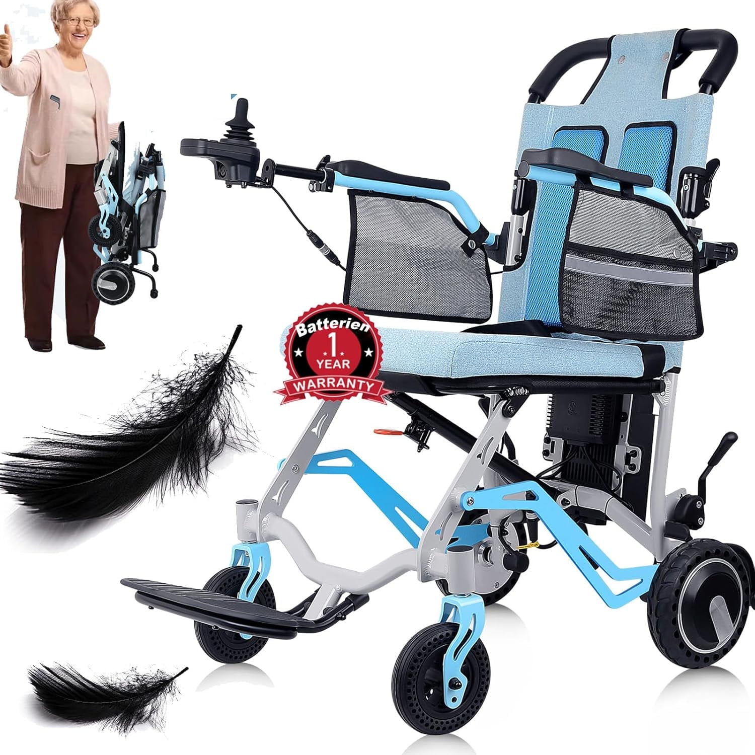 WISGING Foldable Electric Wheelchairs for Senior, 36lb Blue Lightweight ...