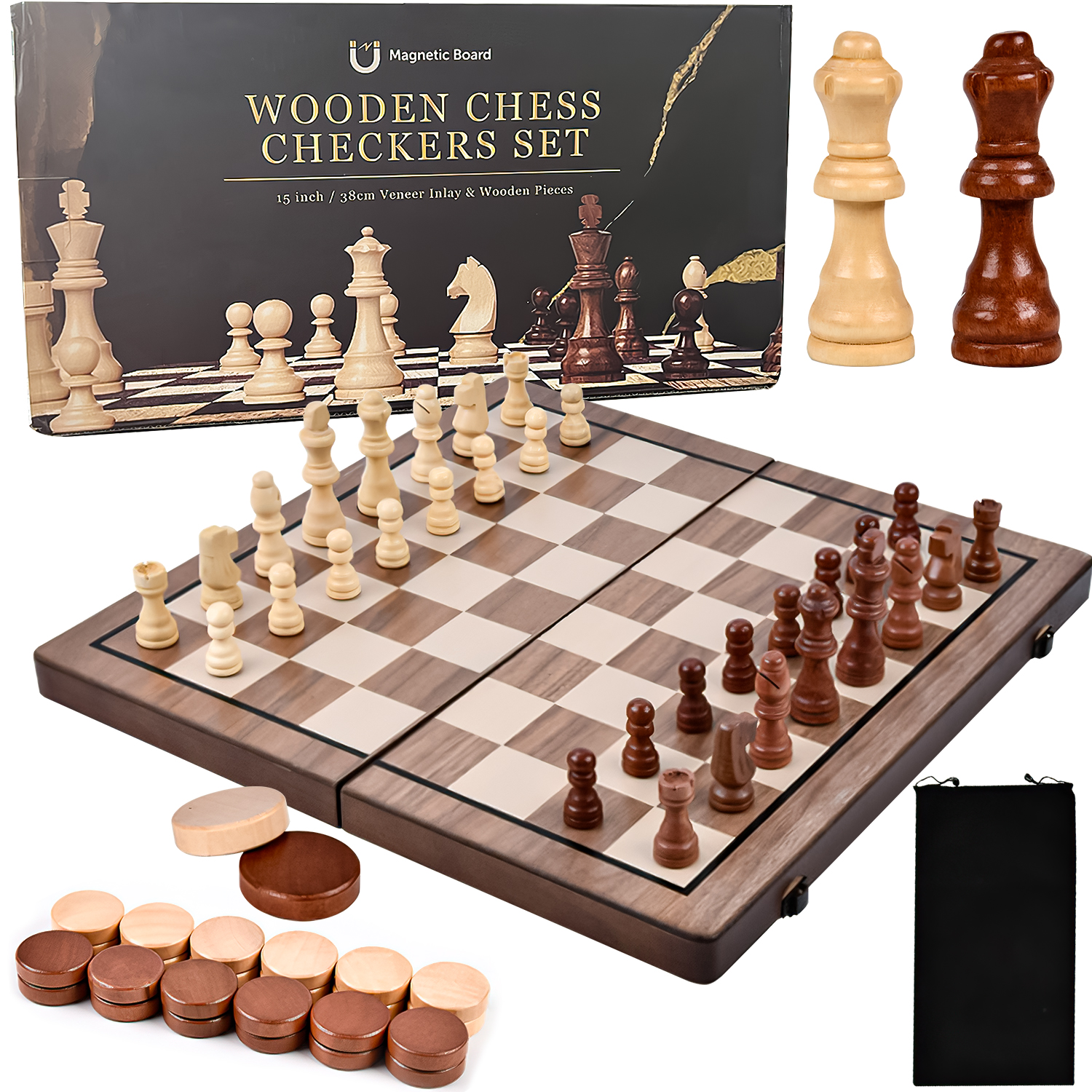 KiddiTouch 15 inch Magnetic Wooden Chess Set 2 in 1 Folding Chess Board ...