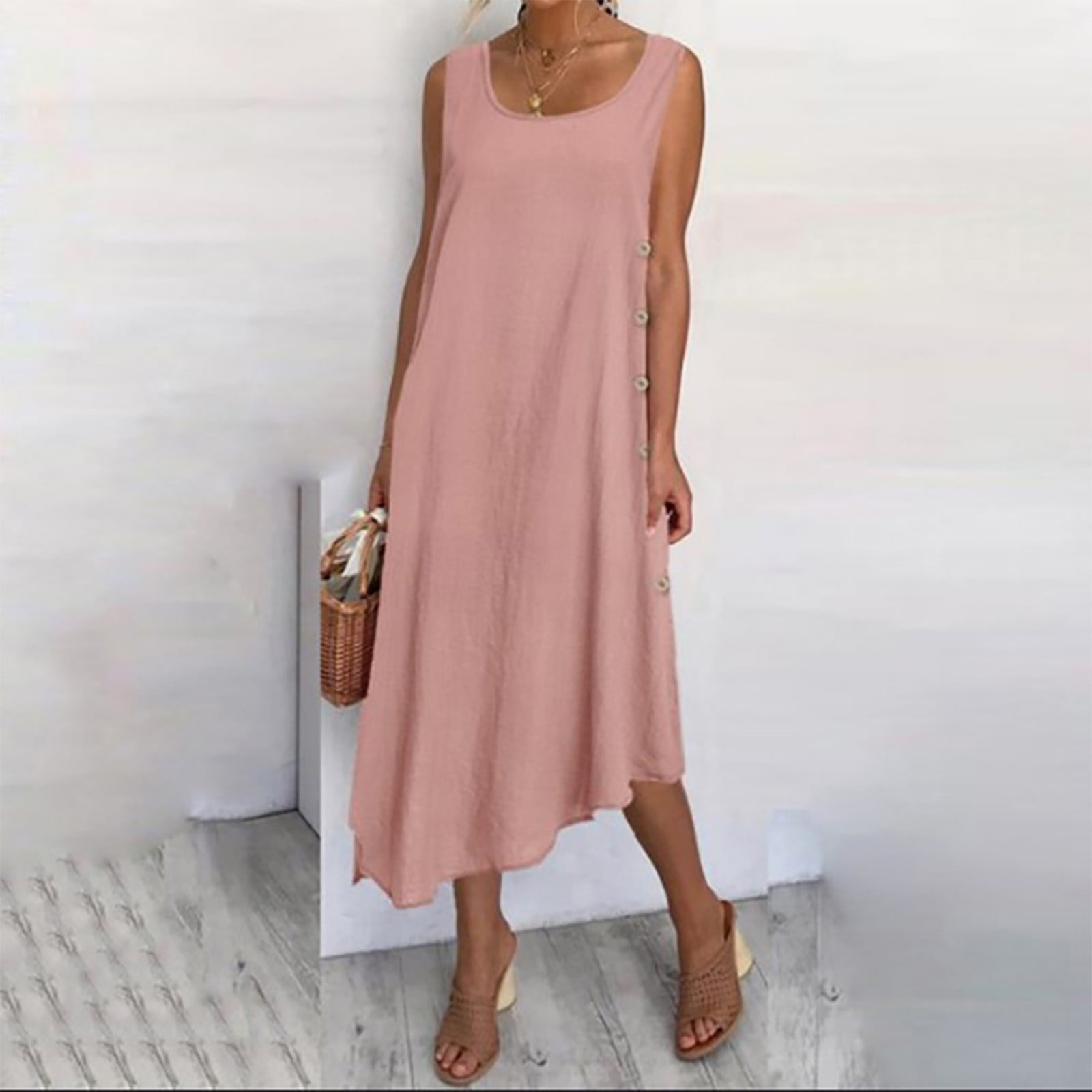 WIZUTIZ Beach Dresses for Women Trendy Comfy High Rise Midi Dress Solid ...