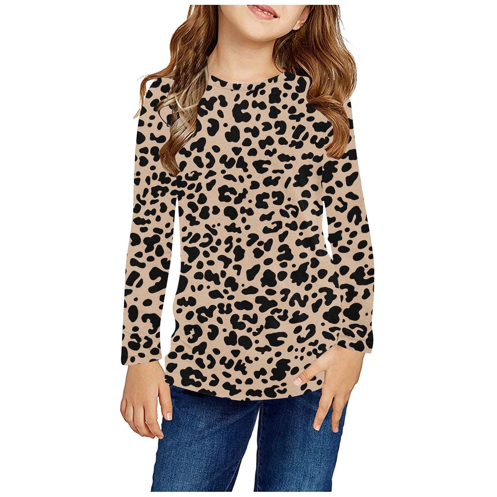 WIZUTIZ Girls Long Sleeve Shirts Leopard Animal Print Round Neck Tops ...
