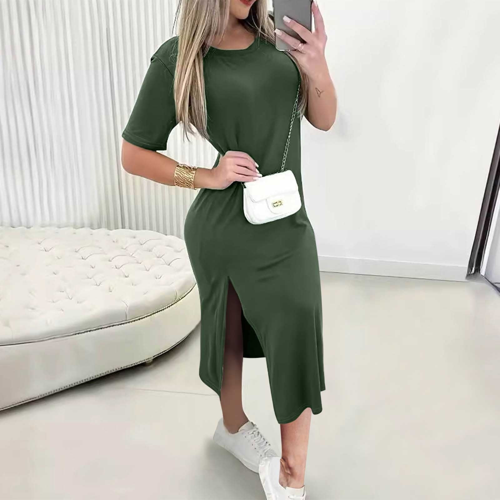 WIZUTIZ High Slit Dress for Women Casual Loose Fit A Line Dress Side Slit Classic Solid Shift ...