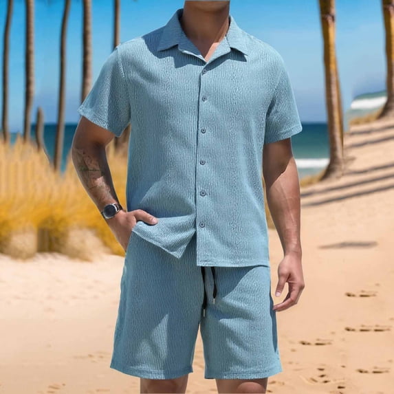 WIZUTIZ Mens Short Sleeve Outfits 2 Piece Summer Beach Button Down ...