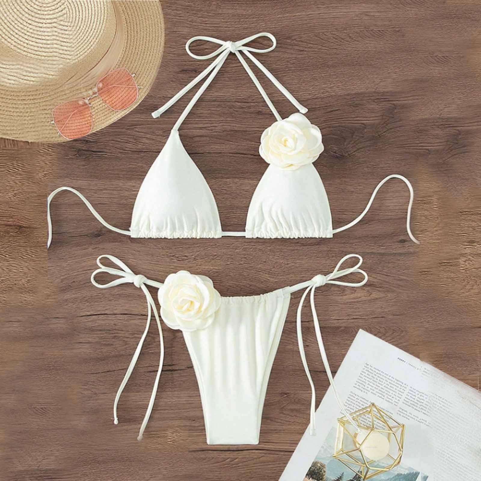 WIZUTIZ Tankini Swimsuits for Women Hanging Neck Self Tie Push Up Swim ...