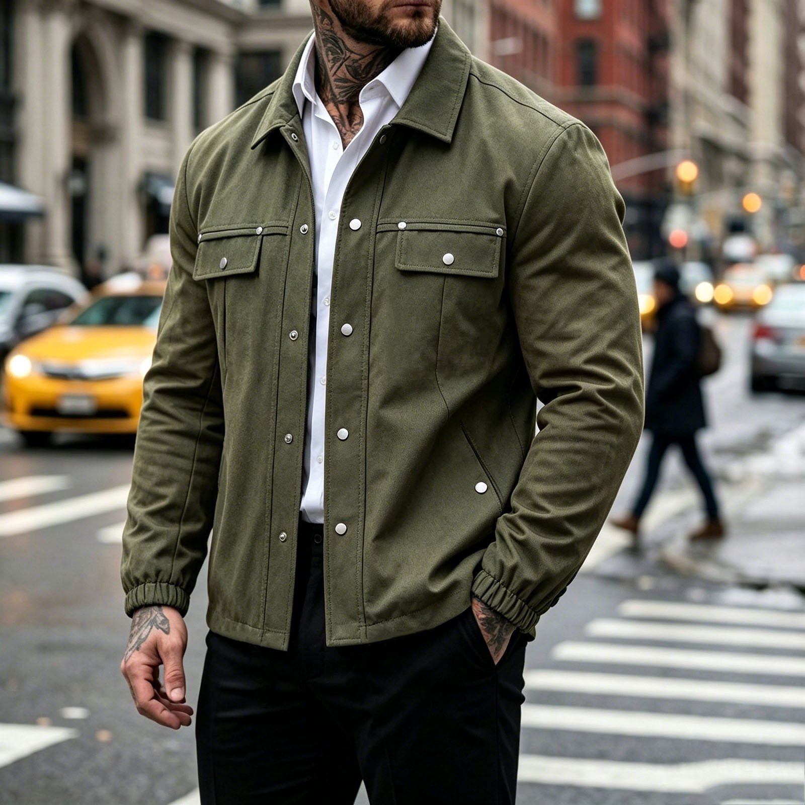 WIZUTIZ Work Jacket For Men Zip Up Long Sleeve Fold Collar Casual Coat ...