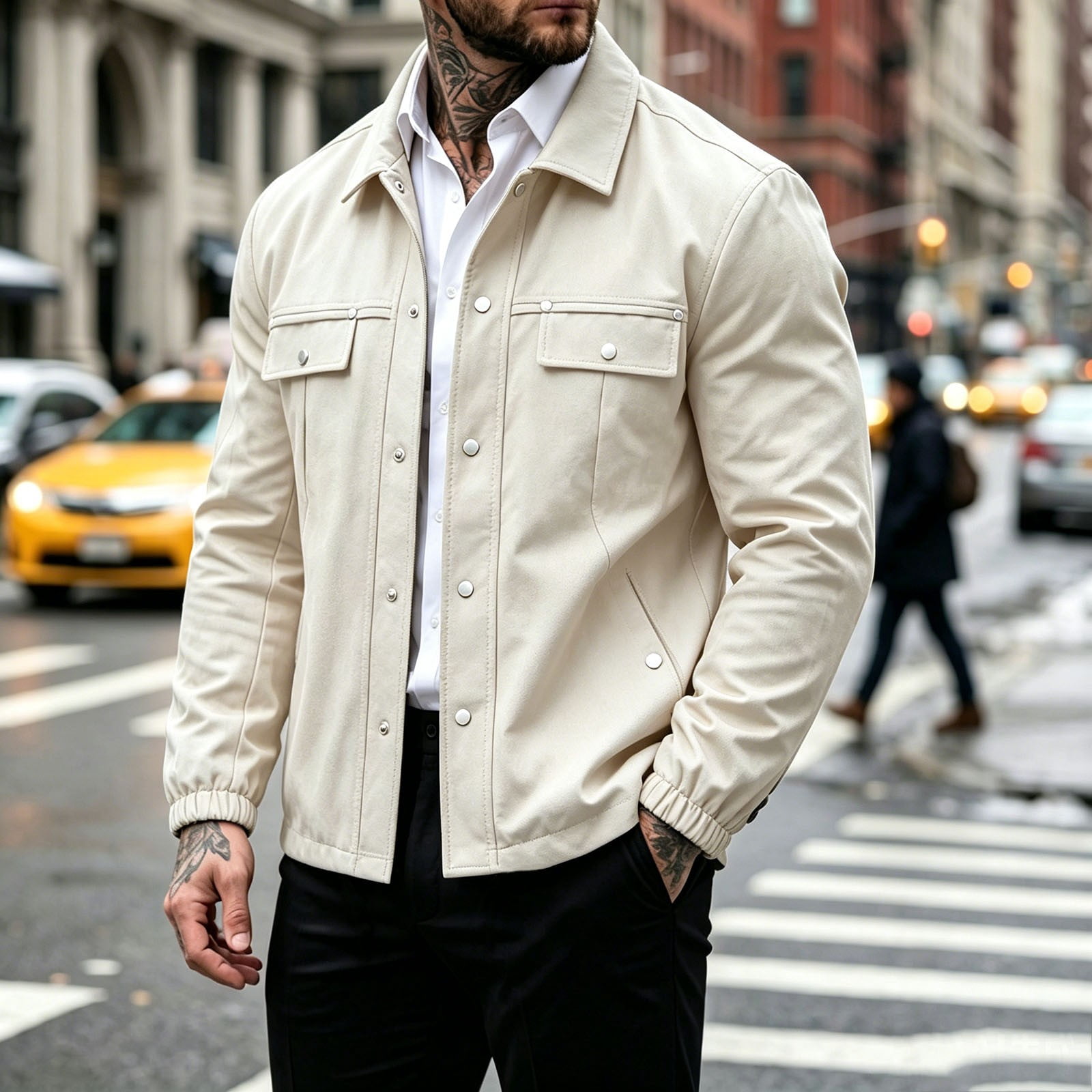 WIZUTIZ Work Jacket For Men Zip Up Long Sleeve Fold Collar Casual Coat ...