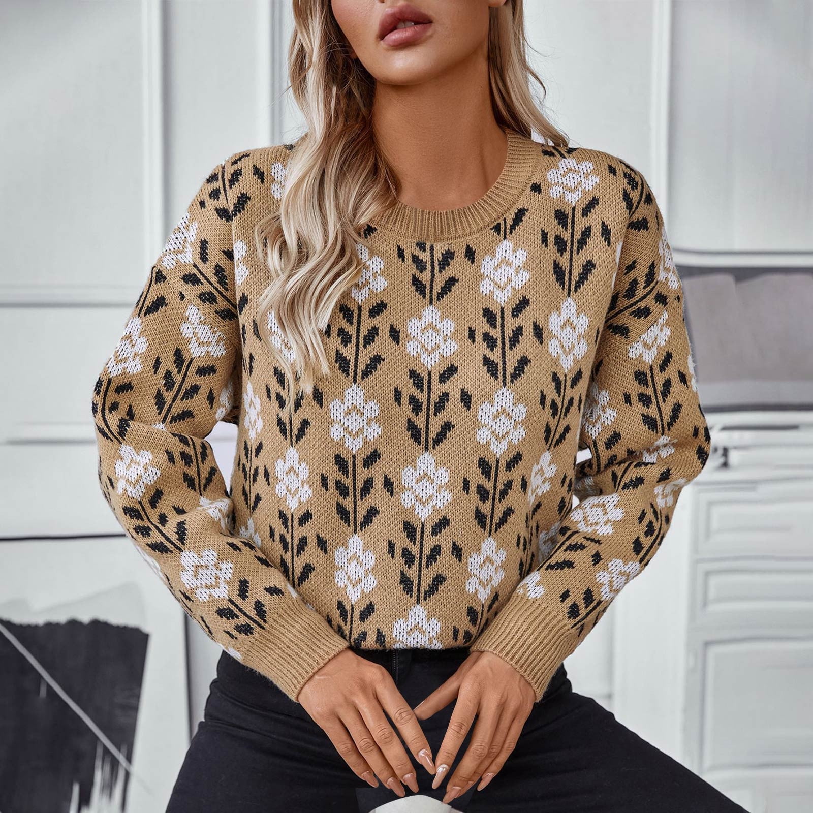 WJHWSX Sweaters for Women,Fall Sweaters,Crew NeCk,Soft,Printed,Acrylic ...