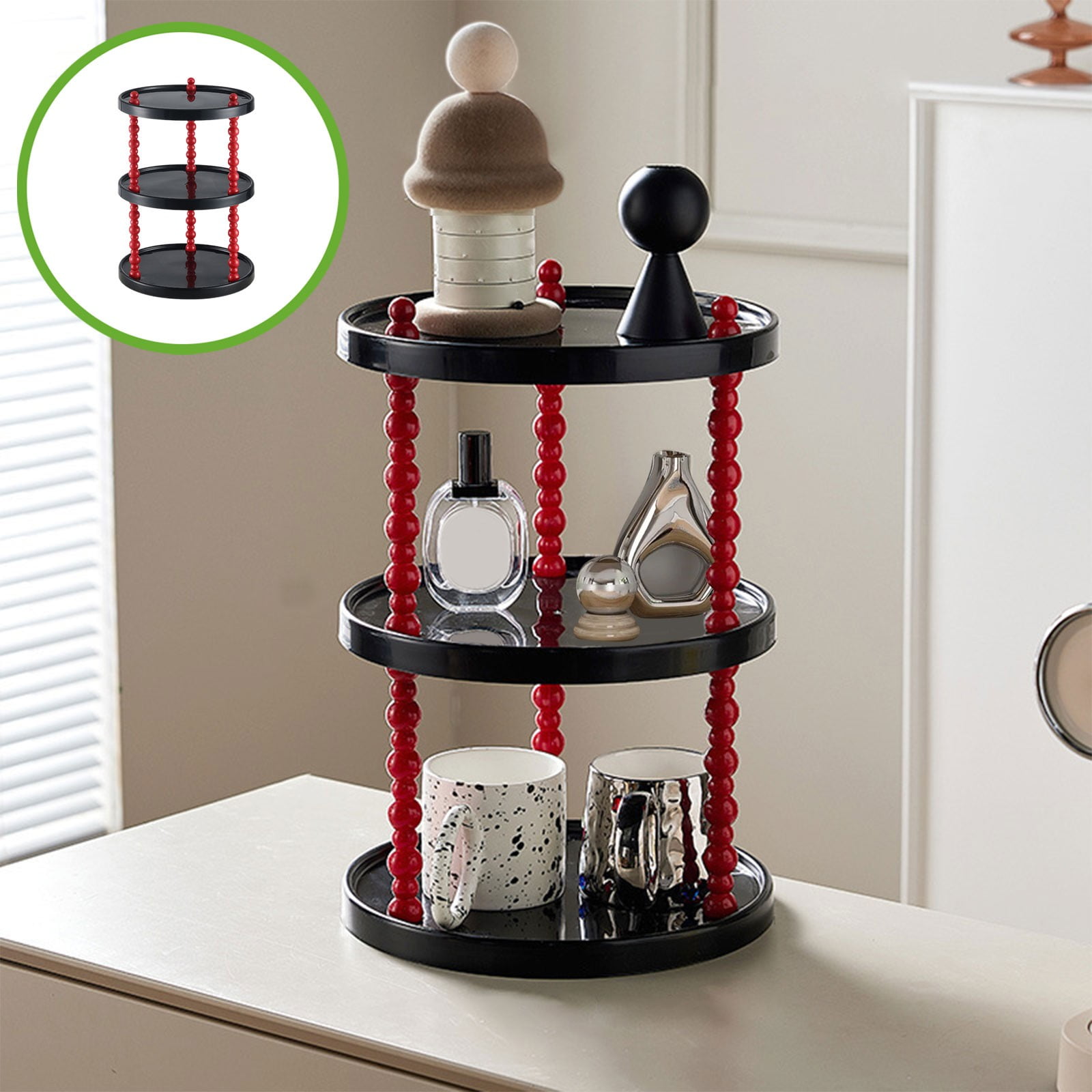 WKSCLPAI Cream Style 3-layer Living Room Round Table Storage Shelf ...