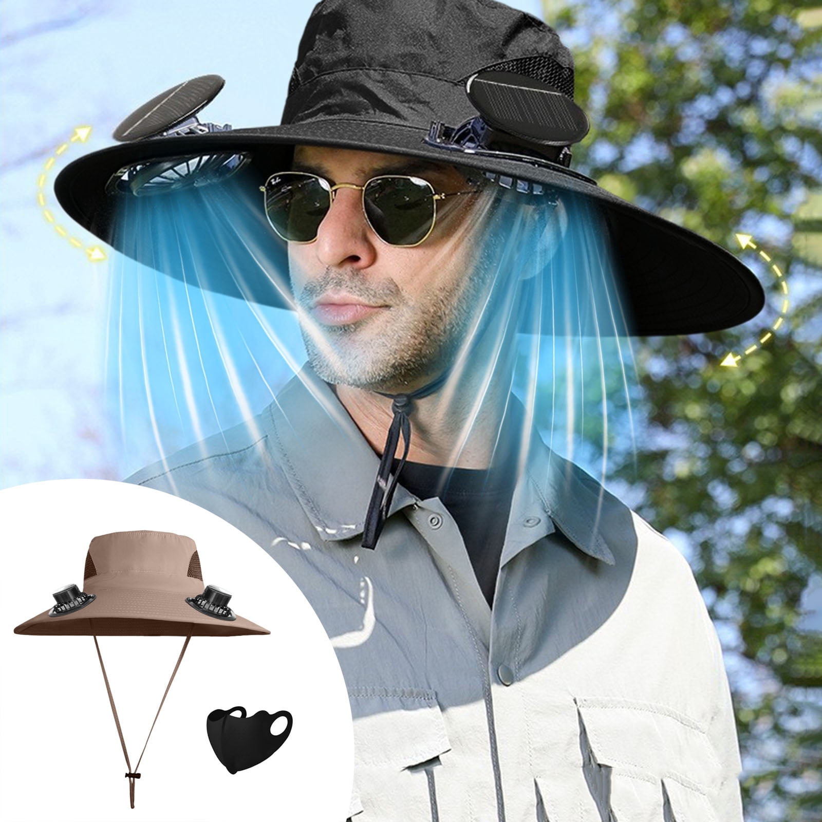 WKSCLPAI Wide Brim Solar Fan Hat,Fishing Hat with 2 Solar Fan,3 Speed ...