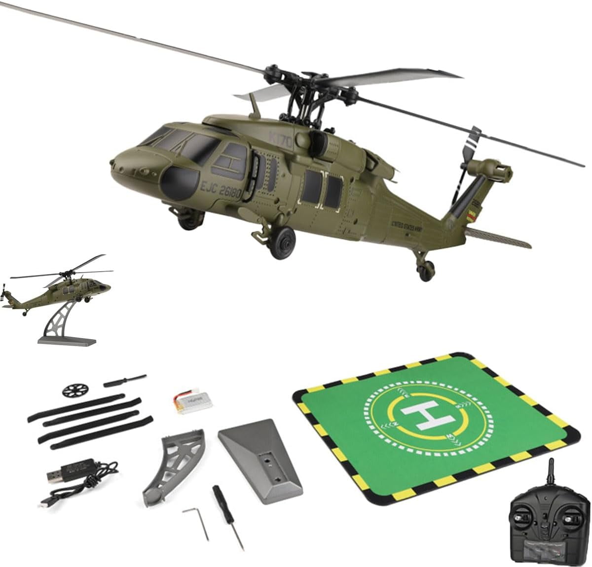 WL K170 Black Hawk RC Helicopter for Adults,2.4GHz 4-Channel Flybarless RC Helicopter with 6 ...