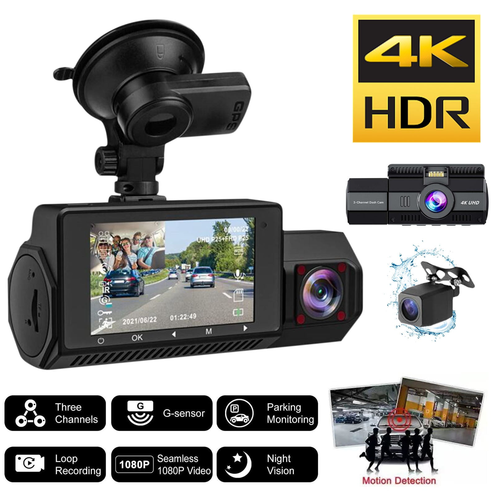 WLAGOOD Dash Camera,HDR In-vehicle Camera 4K Three-record Driving ...