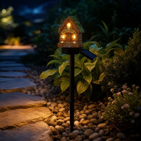 WLAGOOD Resin Cottage Solar Ground Stake Lamp,IP44/IP65 Waterproof Auto ...