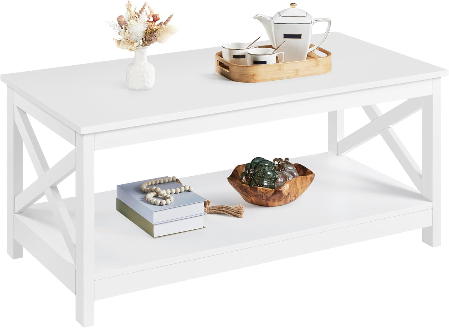 WLGD Wood 2-Tier Coffee Table with Storage Shelf for Living Room, X ...
