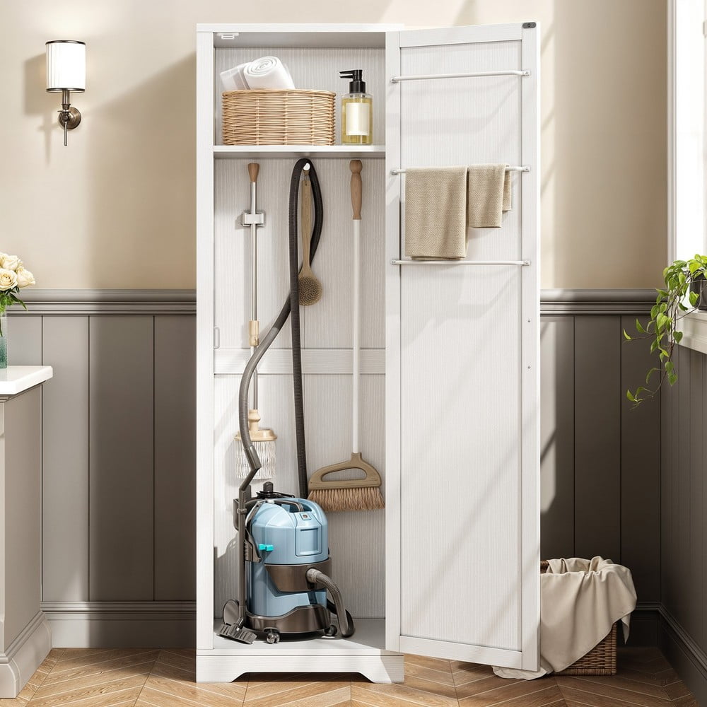 WLGSG 63-inch Tall Wooden Broom Storage Closet, Freestanding Vacuum ...