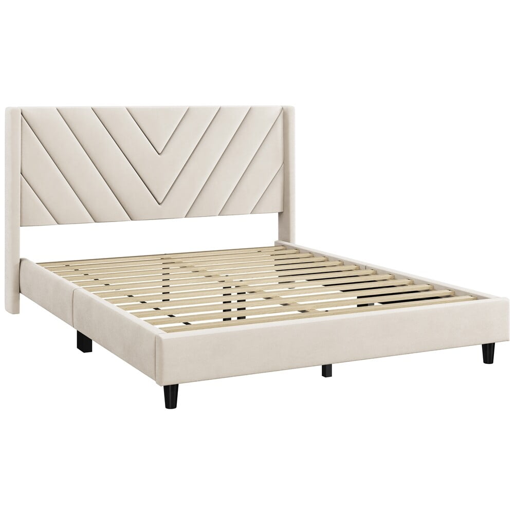 WLGSG Bed Frame Upholstered Platform Bed with Wing Side/Wooden Slat ...