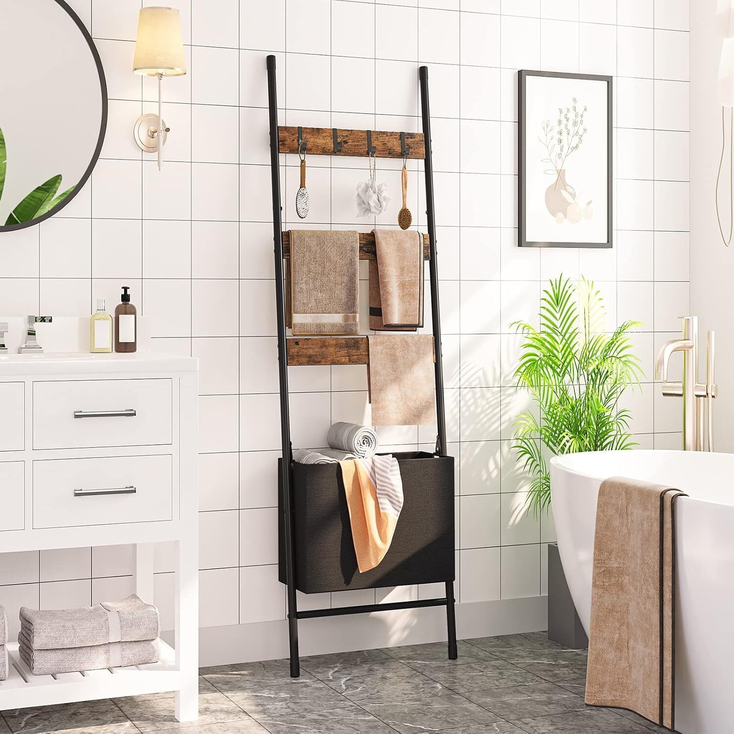 WLGSG Blanket Ladder with Basket, 17.3”L x 63.4”H, Towel Rack with Hooks, Blanket Holder Rack ...