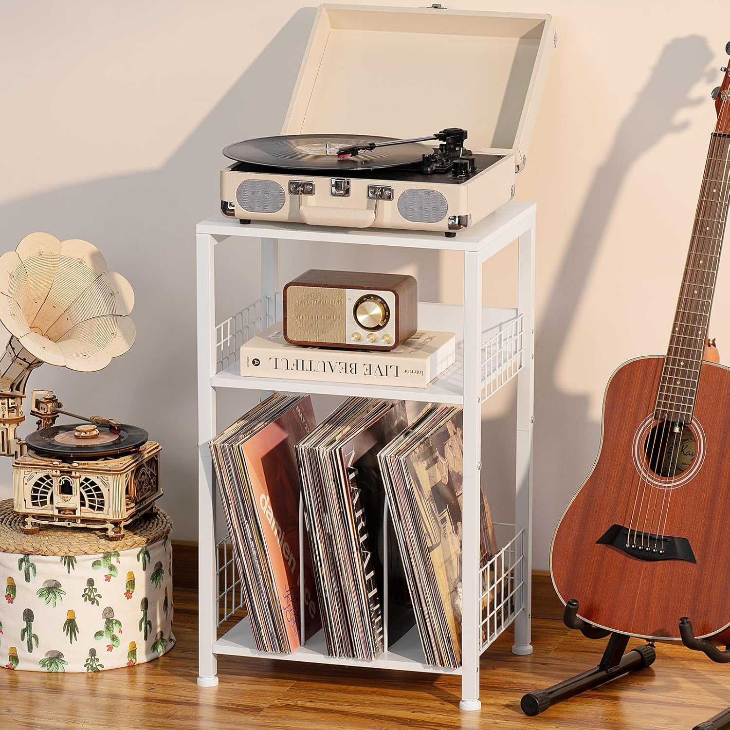 WLGSG White Printer Stand, 3 Tier Record Player Stands with Vinyl ...