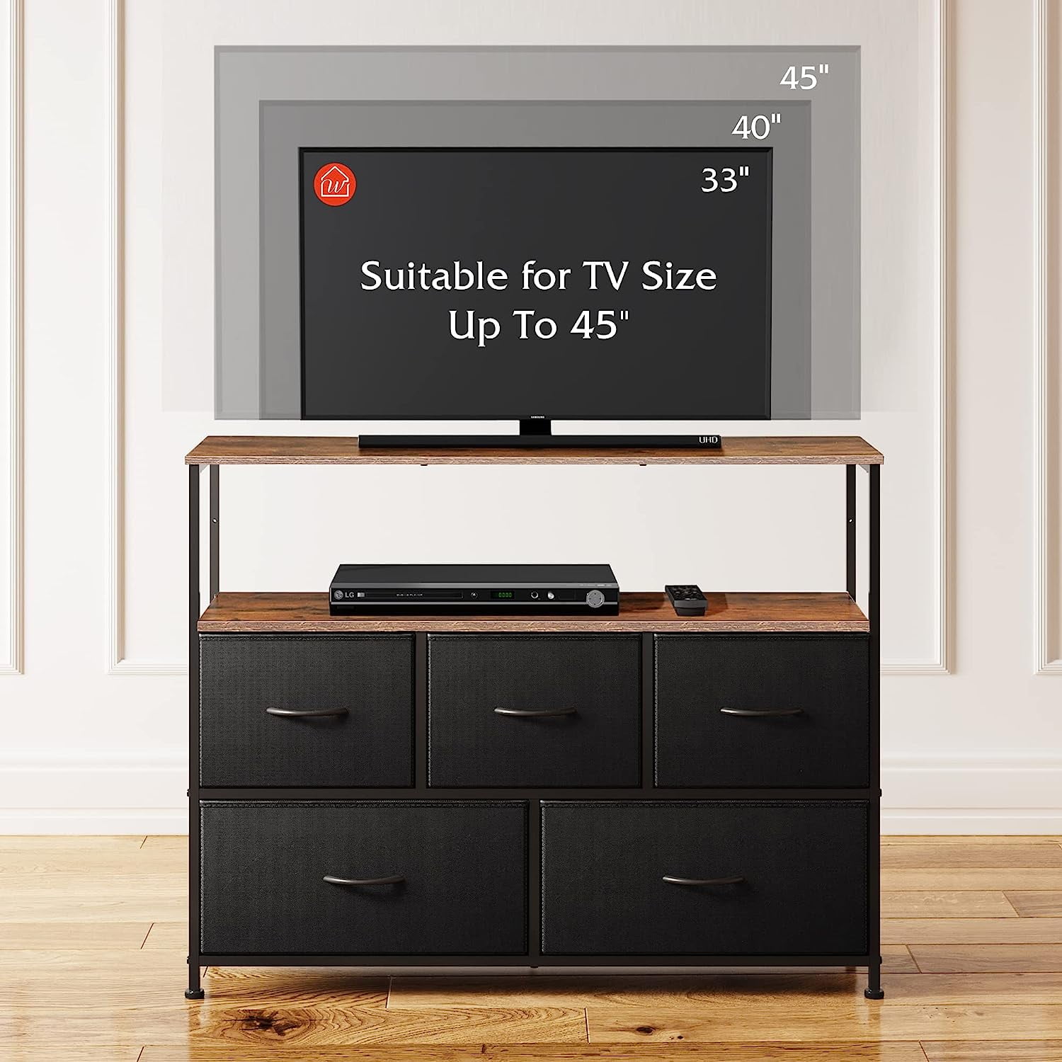 WLIVE Dresser TV Stand with 5 Drawers, Open Shelves & Steel Frame for ...