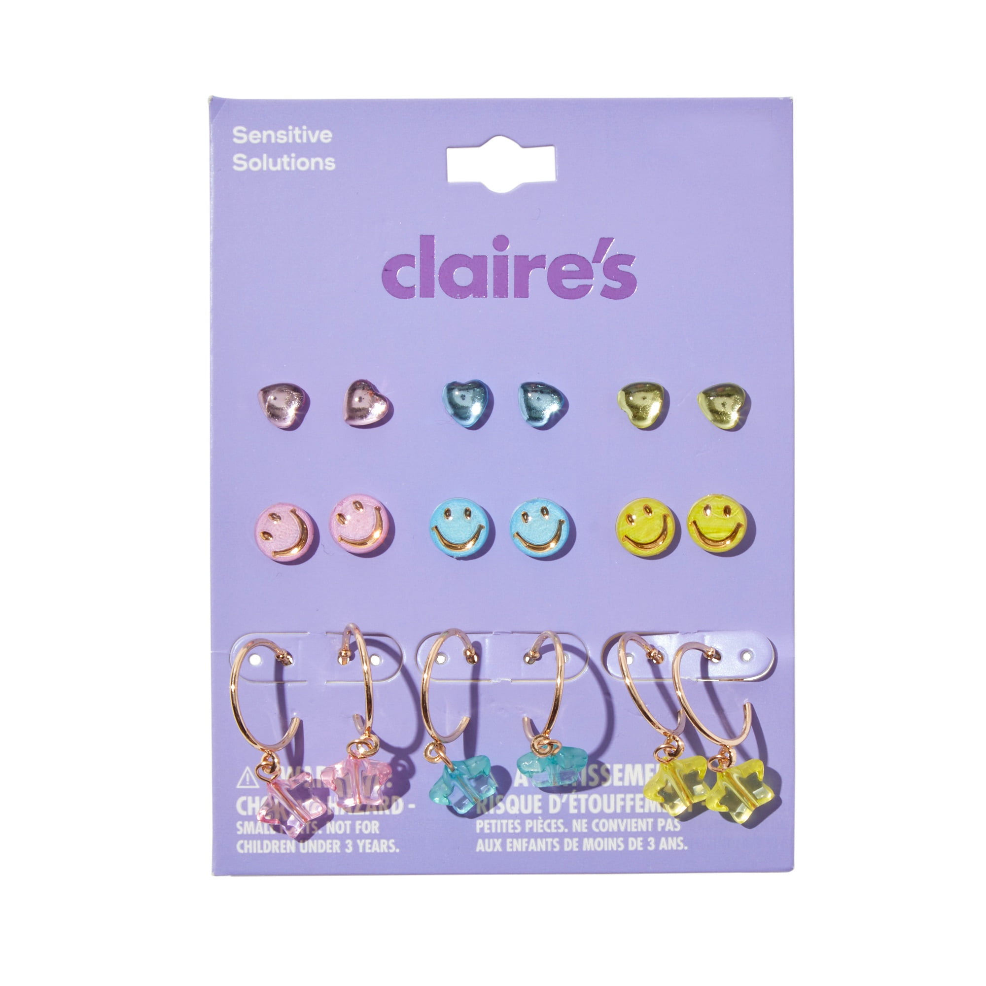 Claire's Tween Girls Pastel Smiley Face, Heart, and Star Stud Earrings ...