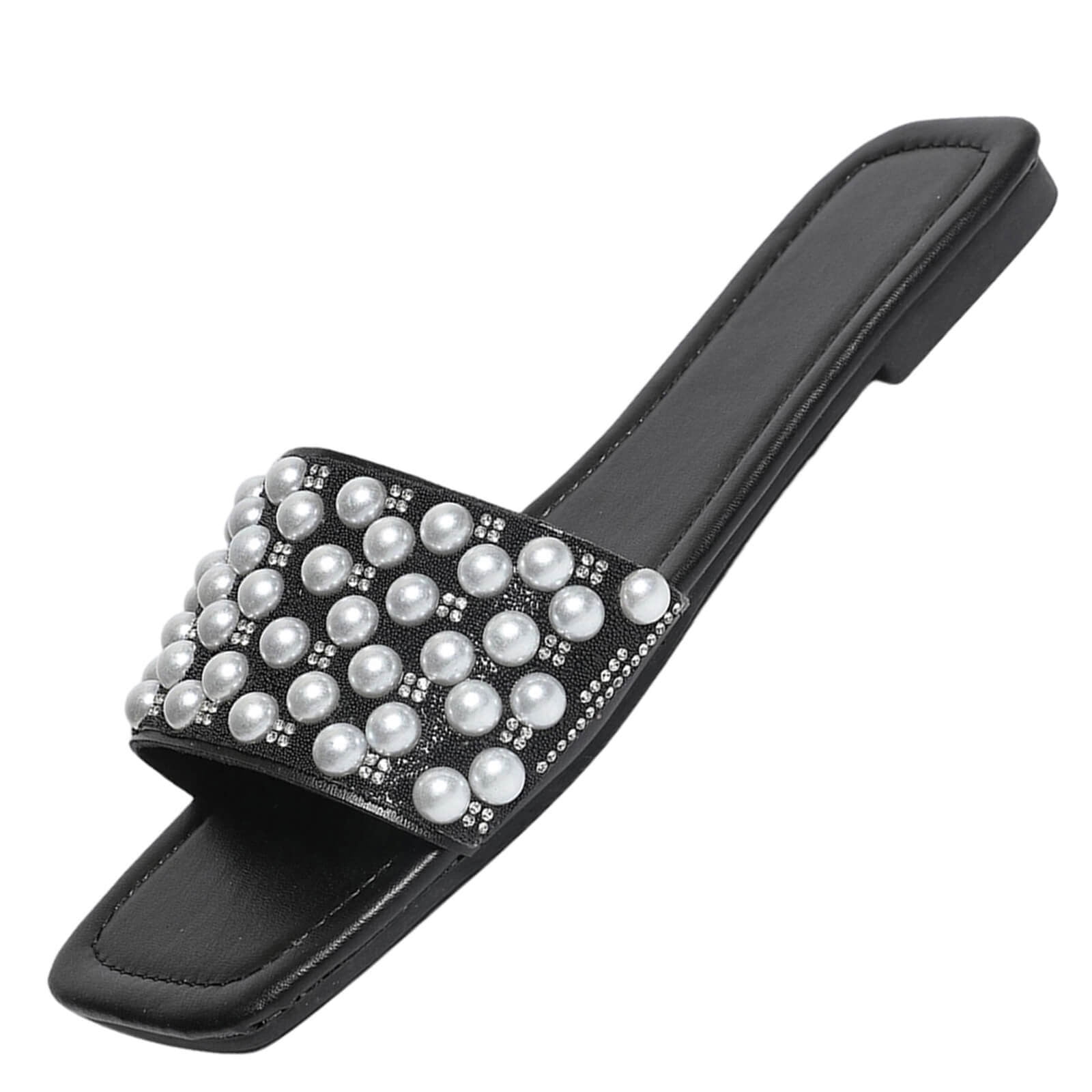 WLOELOEW Square Toe Flat Slide Slippers For Women With Pearl Strap Soft ...