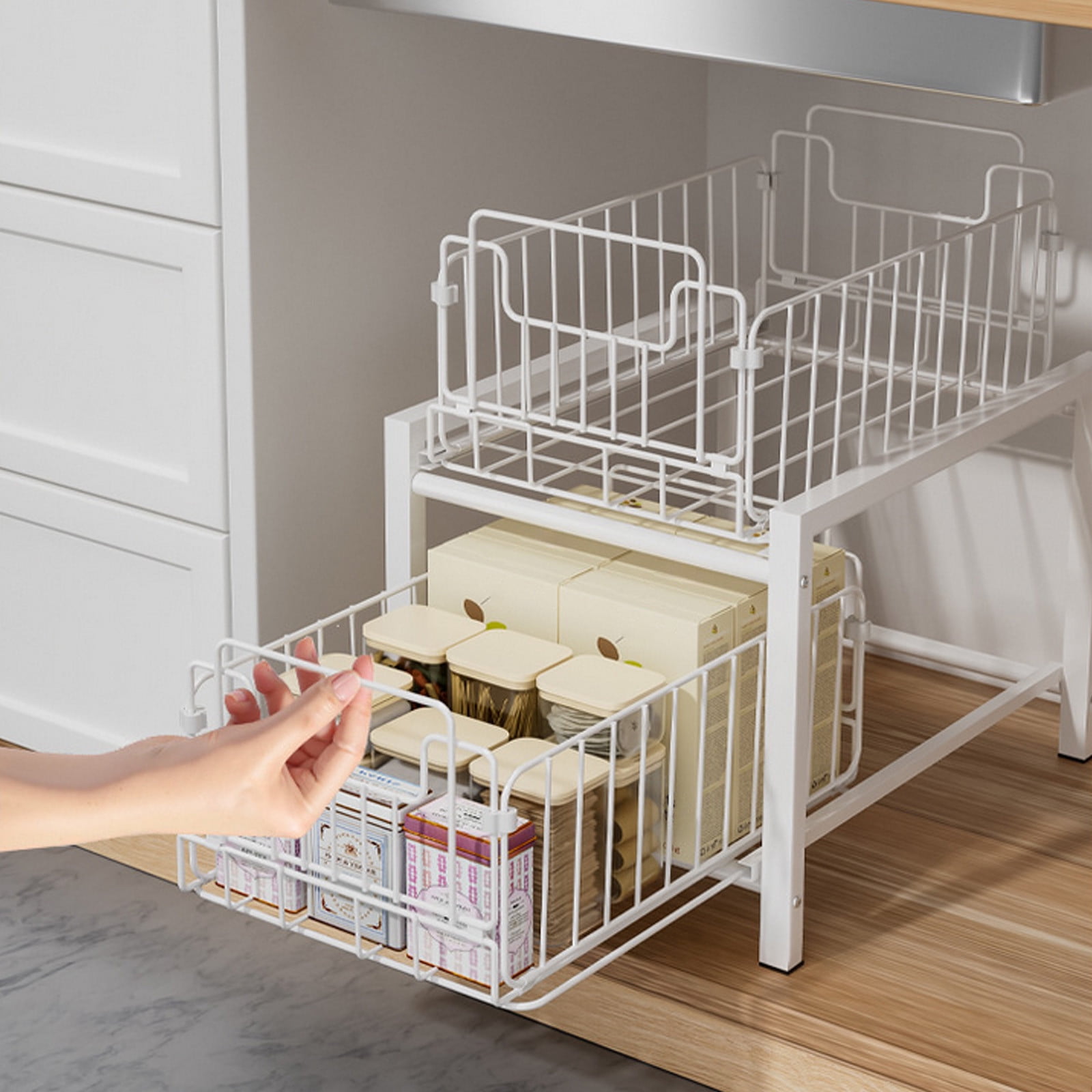 WLOELOEW White Kitchen Pull Out Under Sink Shelf Storage Rack Multi ...