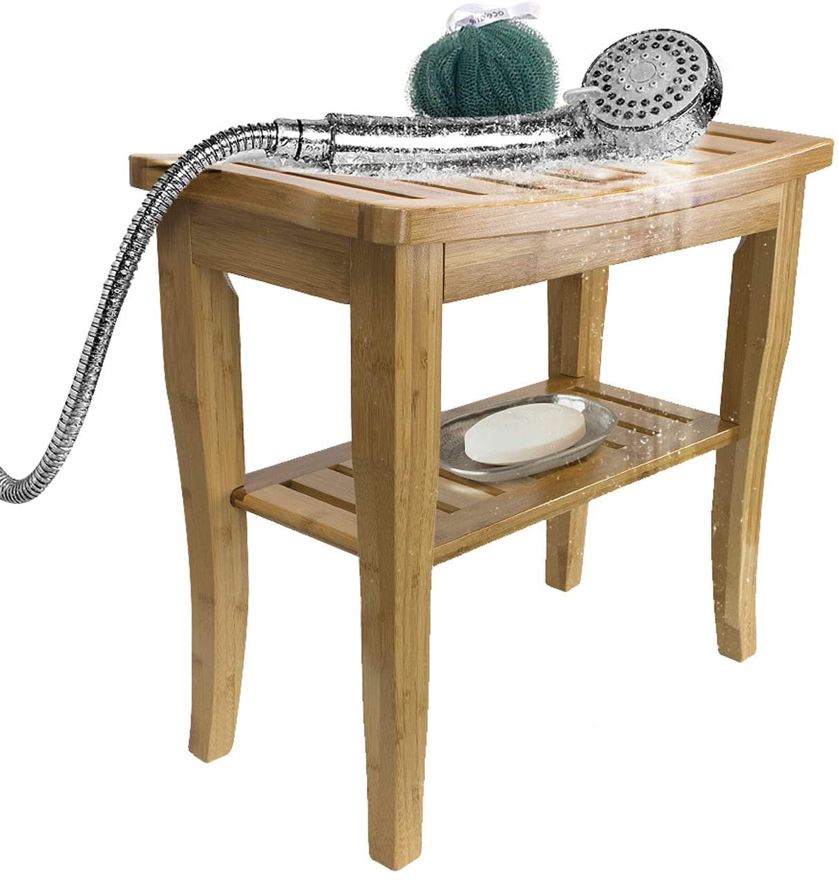 WLTER Bamboo Shower Bench Stool with Shelf — 2-Tier Wood Storage ...