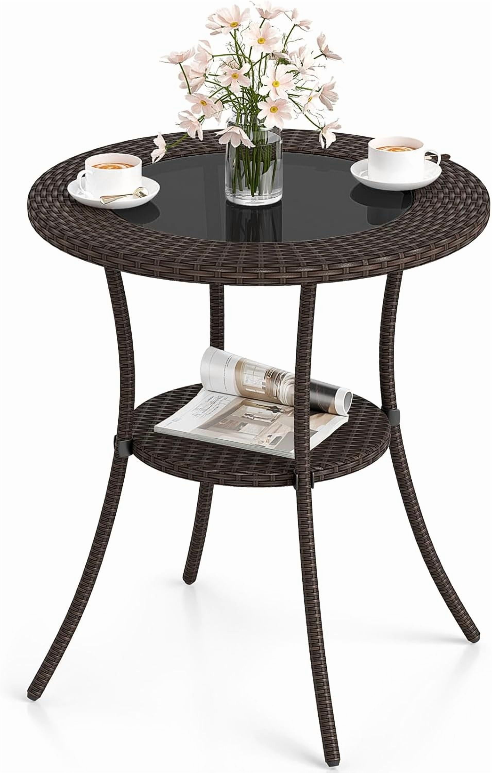 WLTER Round Rattan Wicker Outdoor Coffee Table Glass Top Steel Frame ...