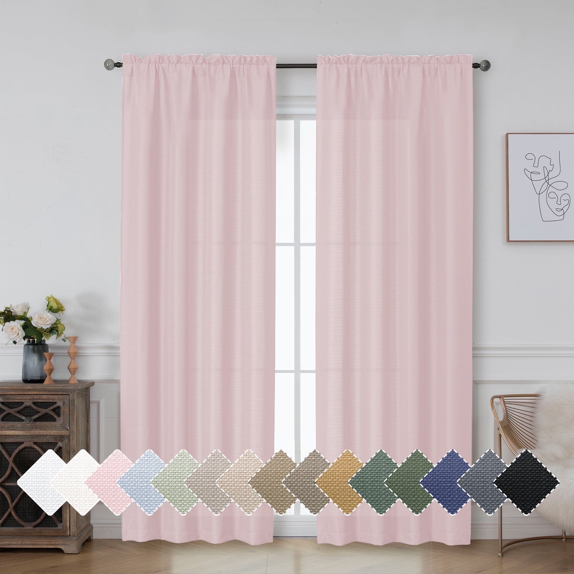 OVZME Bethany Faux Linen Blush Curtains 84 Inches Long 2 Panels Set ...