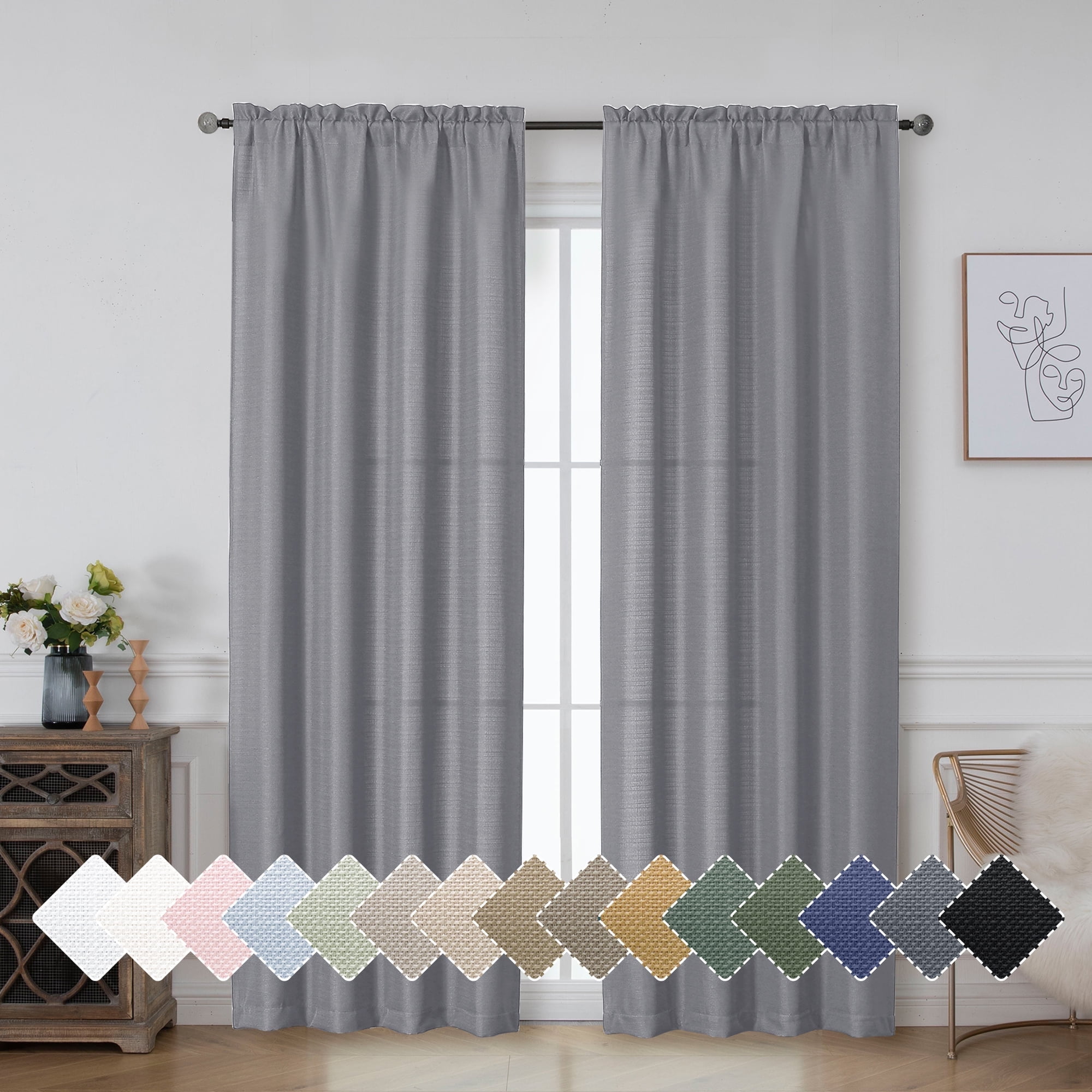 OVZME Bethany Faux Linen Grey Light Filtering Curtains 84 Inches Long 2 Panels Set, Solid Soft ...