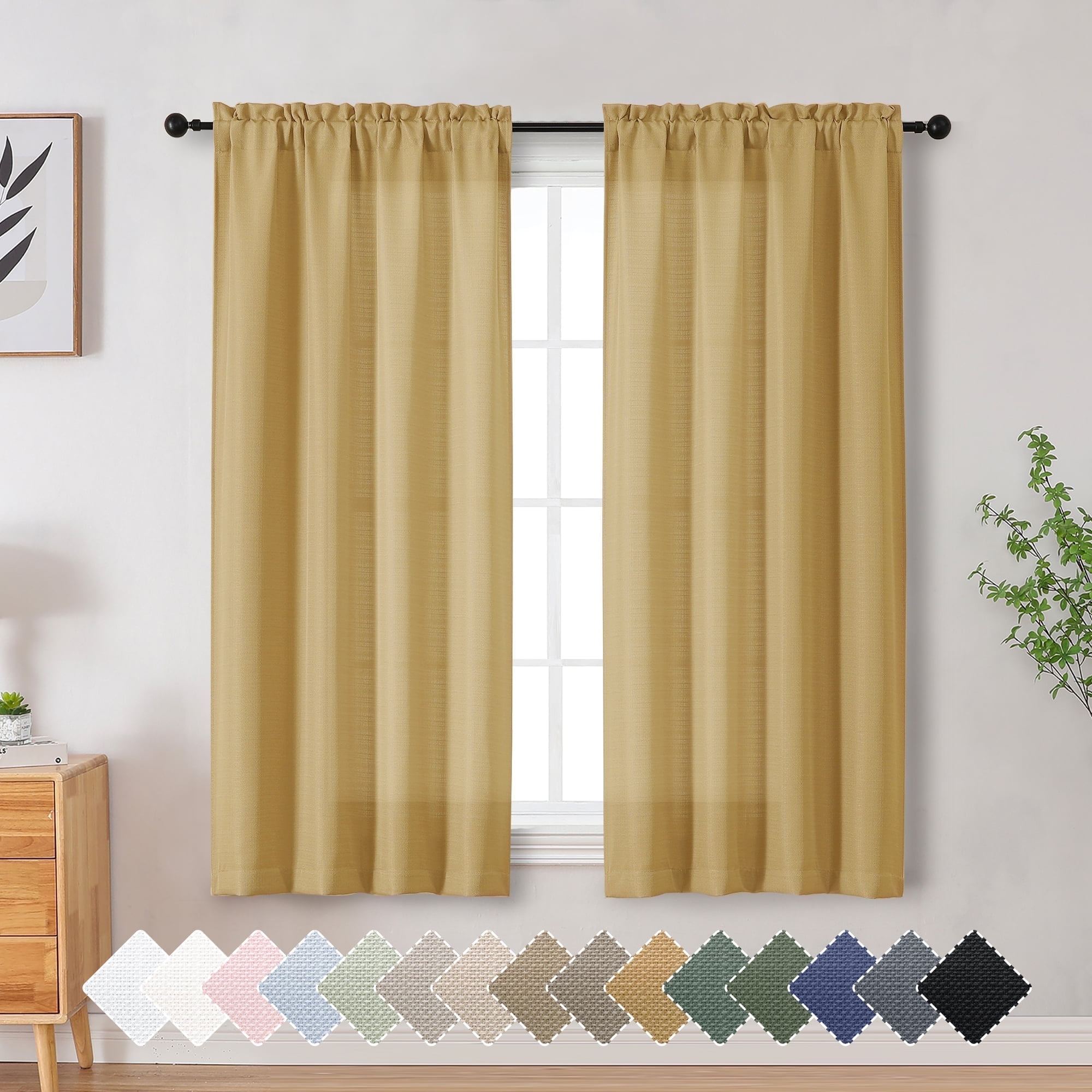 OVZME Bethany 2 Pieces Gold Faux Linen Curtains 63 Inch Length, Light ...