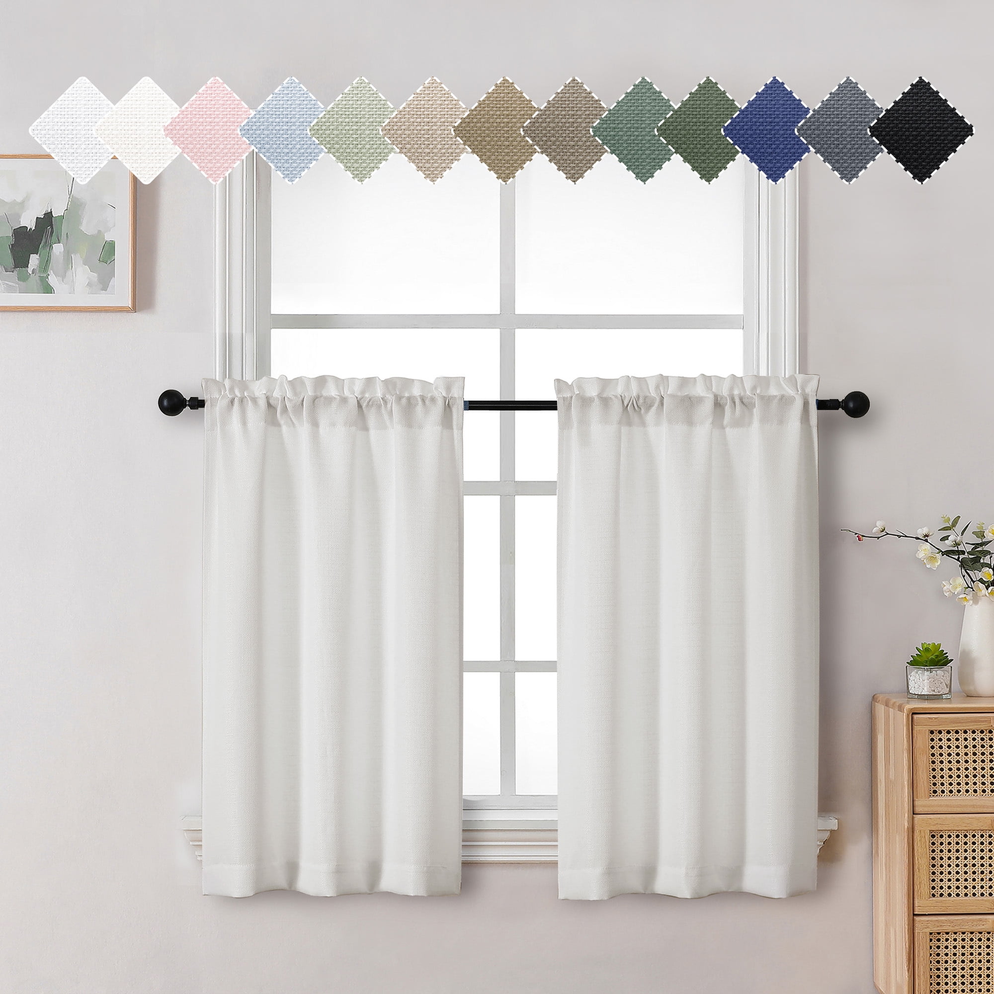 OVZME Bethany Ivory Faux Linen Curtains Tier 36 Inch Length, Light ...
