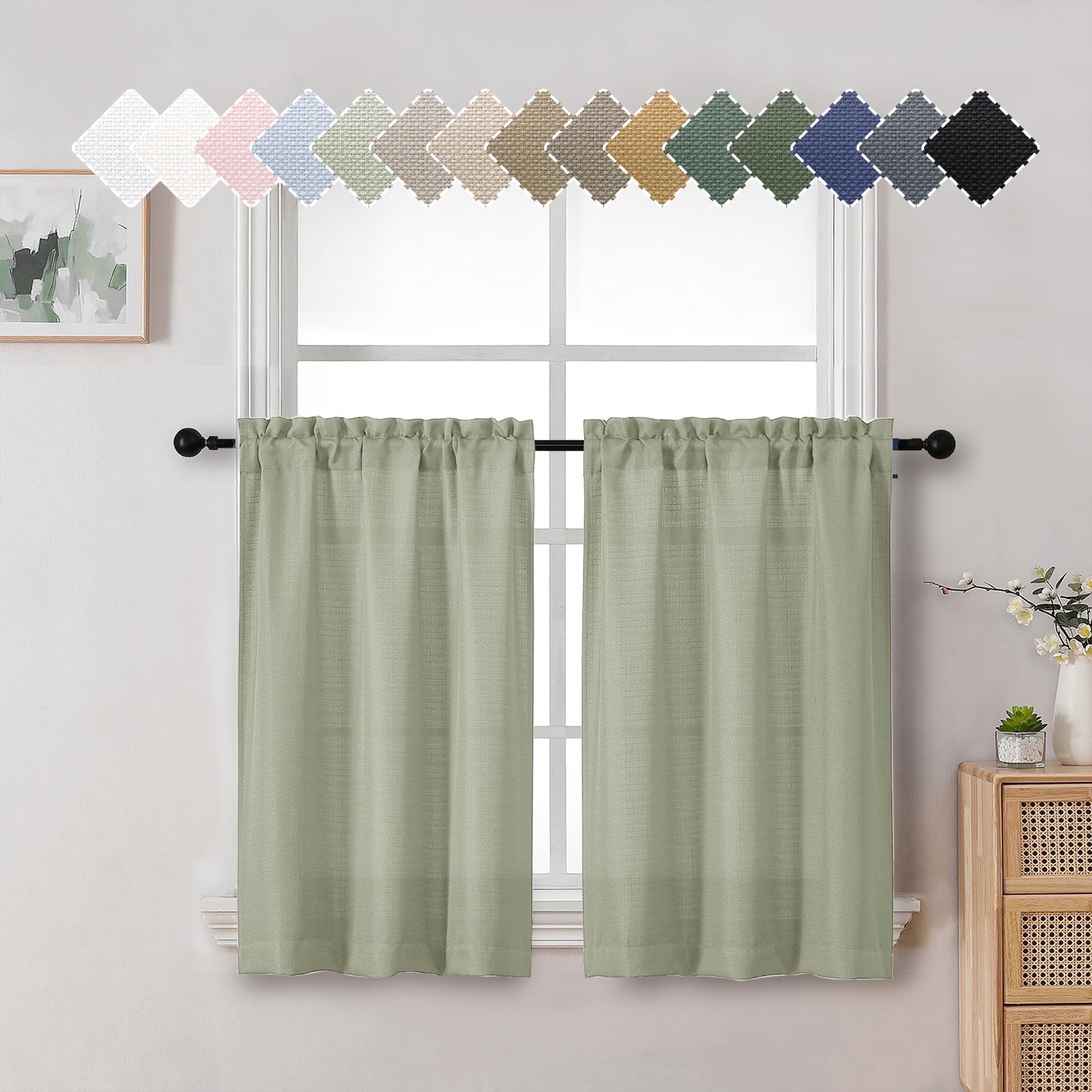 OVZME Bethany Light Green Curtains Tier 36 Inch Length 2 Panels, Soft ...