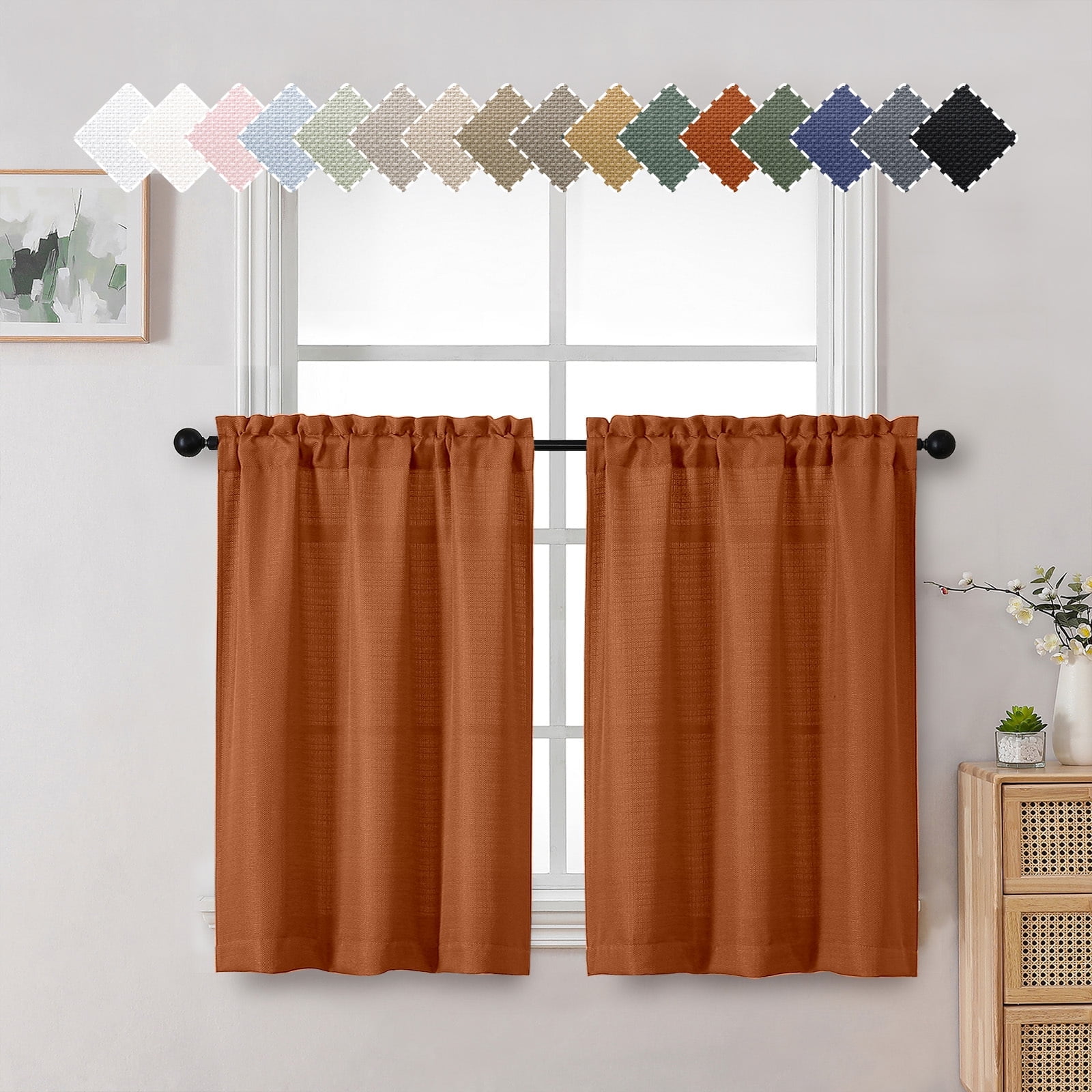 OVZME Bethany Faux Linen Textured 2 Panels Orange Kitchen Curtains ...
