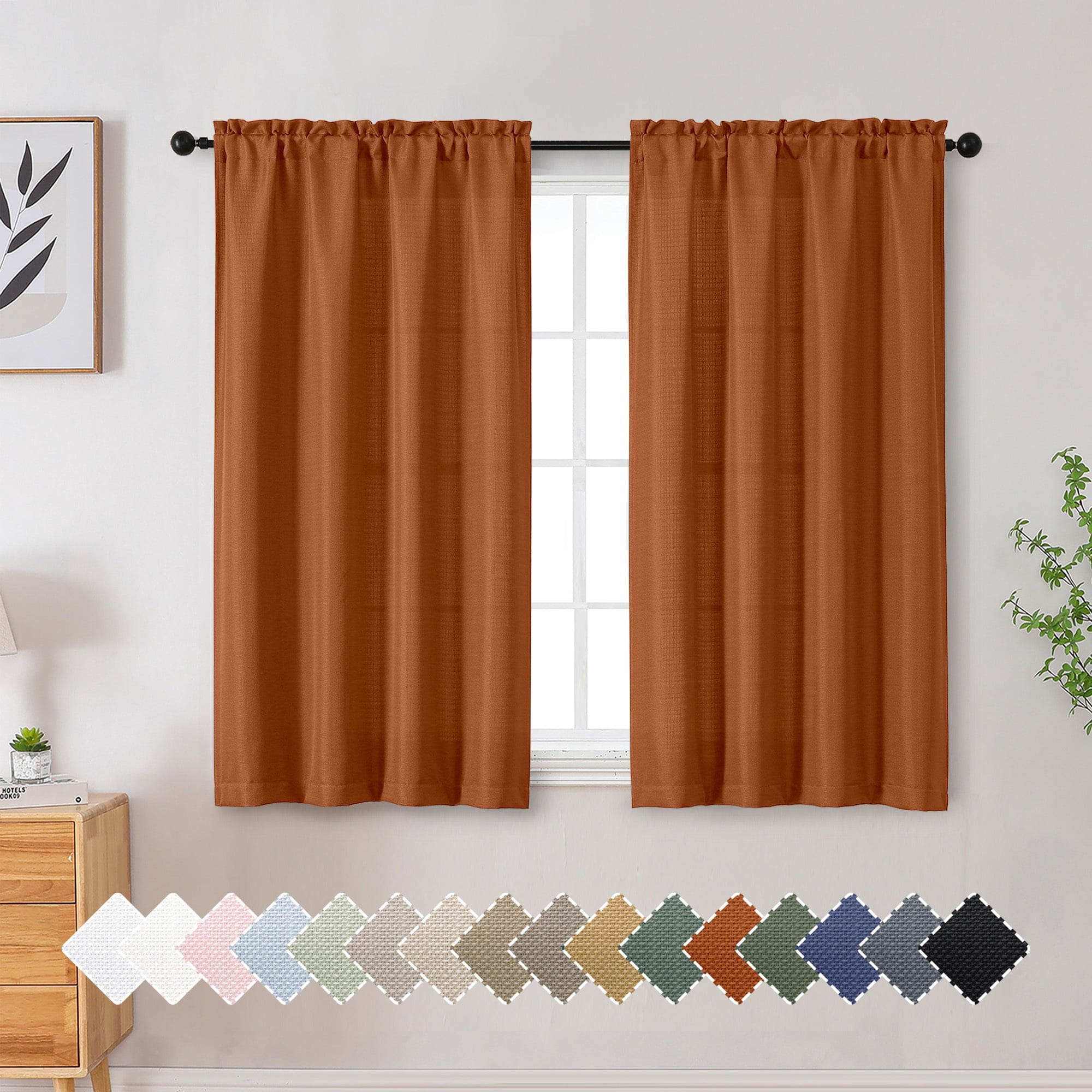 OVZME Bethany Orange Short Curtains 45 Inch Length 2 Panels, Faux Linen ...
