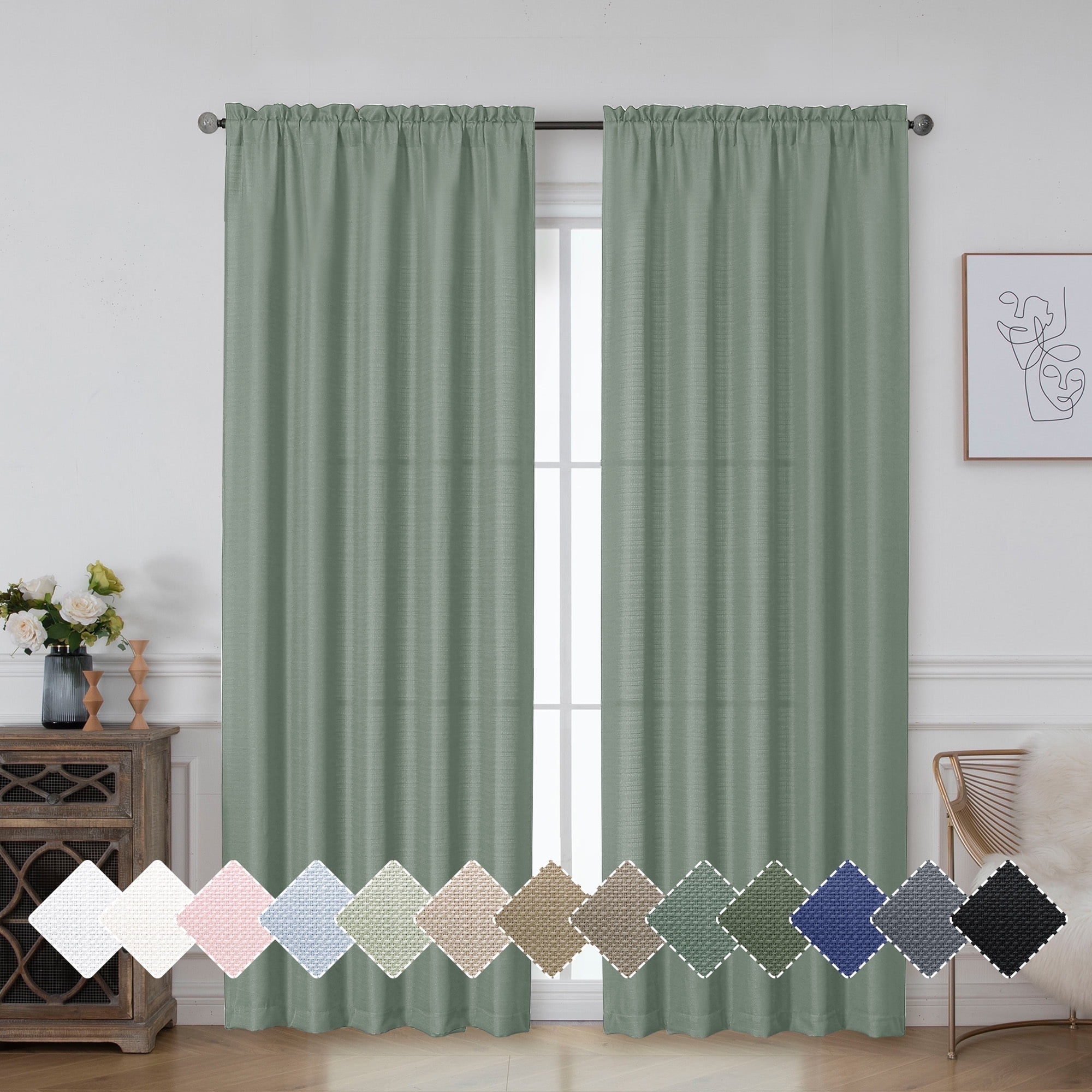 OVZME Bethany Sage Green Curtains 84 Inch Length 2 Panels Set, Faux ...