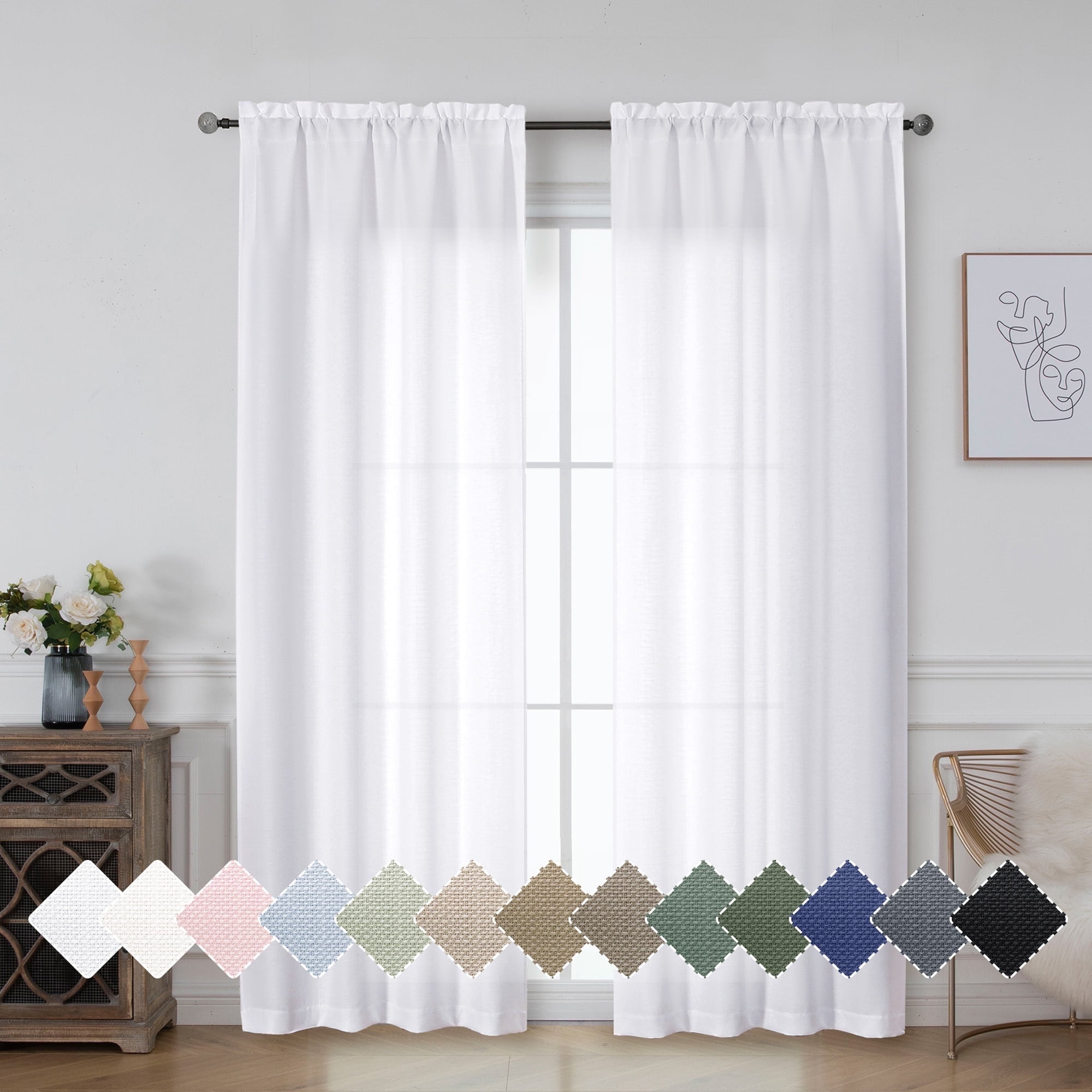OVZME Bethany White Curtains 84 Inch Length 2 Panels Set, Faux Linen ...