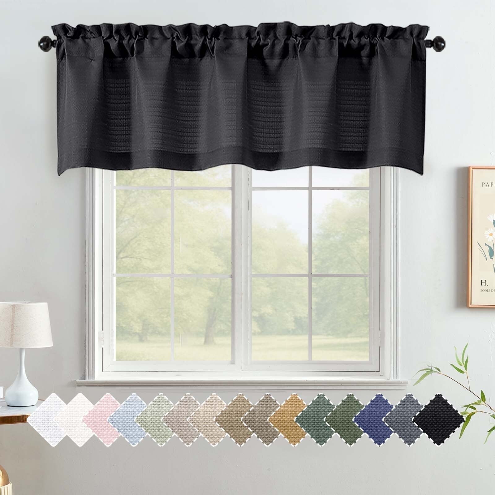 OVZME Bethany Black Valance for Small Windows, Faux Linen Slub Textured ...