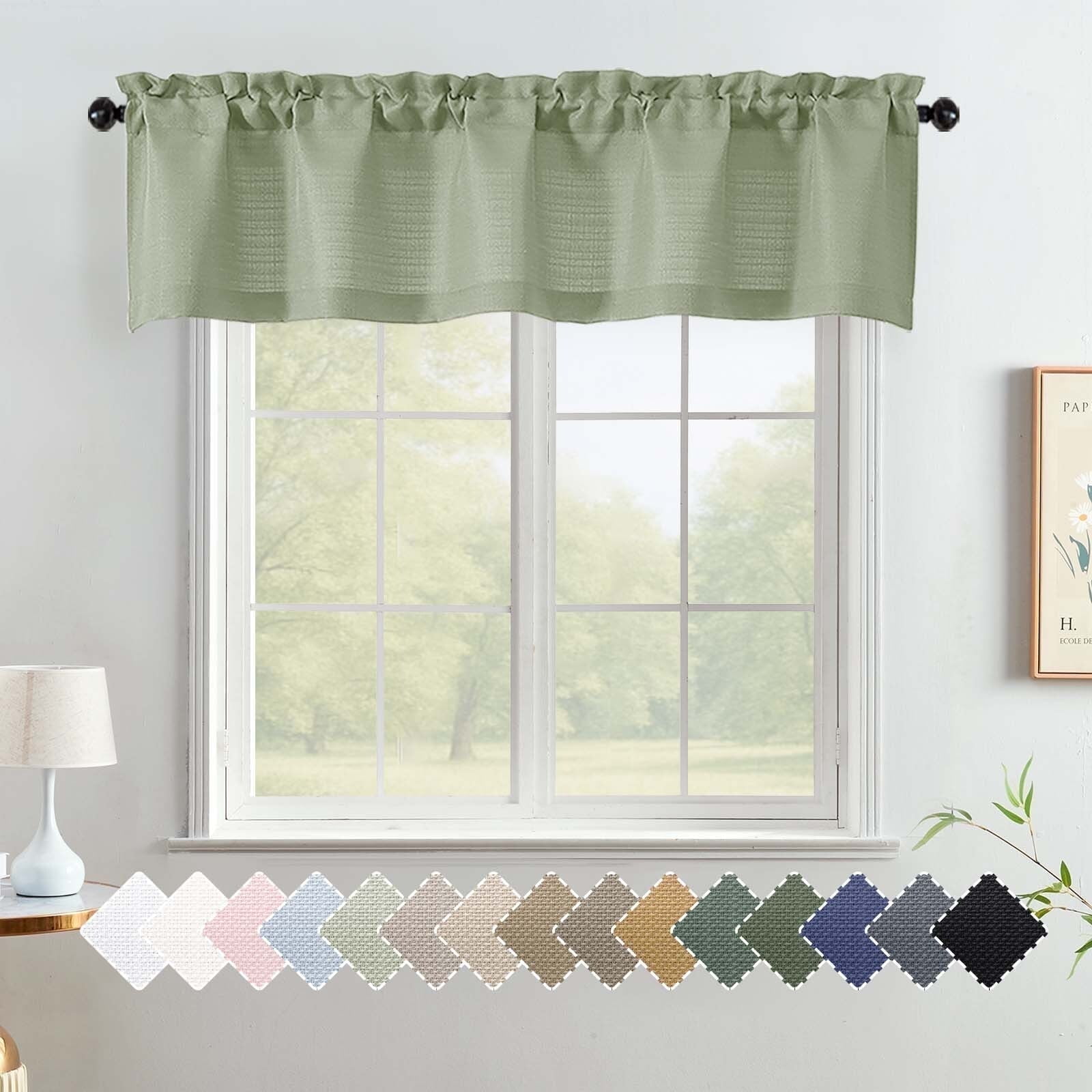 OVZME Bethany Light Green Valance for Windows, Faux Linen Slub Textured ...
