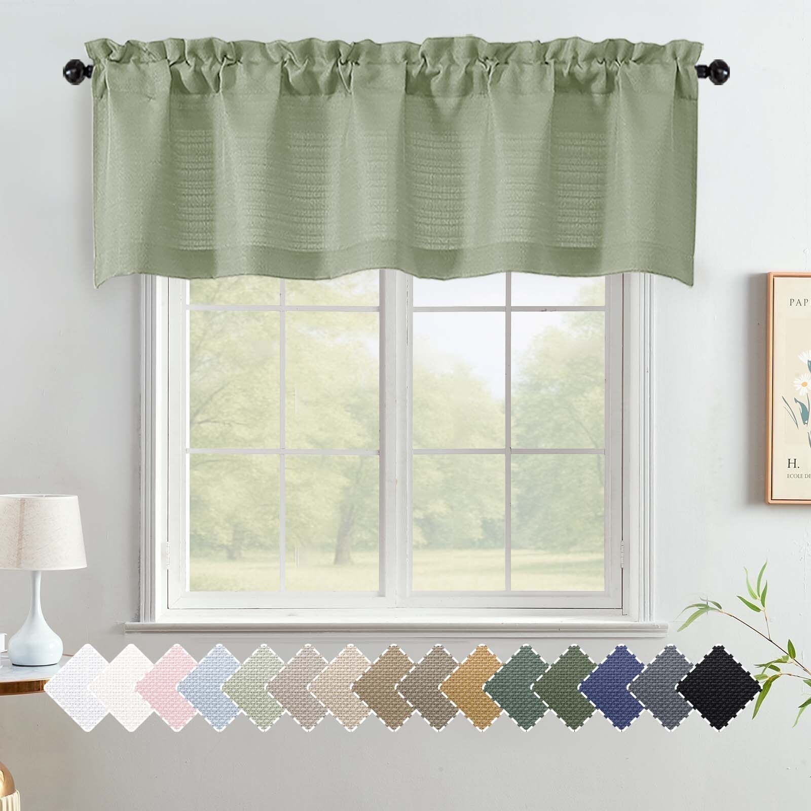 OVZME Bethany Light Green Valance for Windows, Faux Linen Slub Textured ...