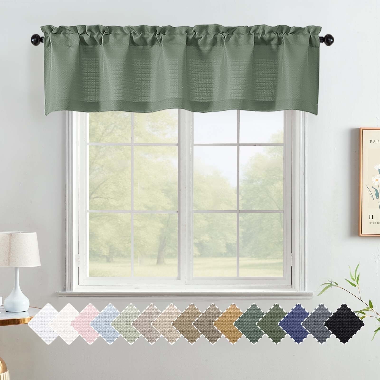 OVZME Bethany Sage Green Valance for Small Windows, Faux Linen Slub ...