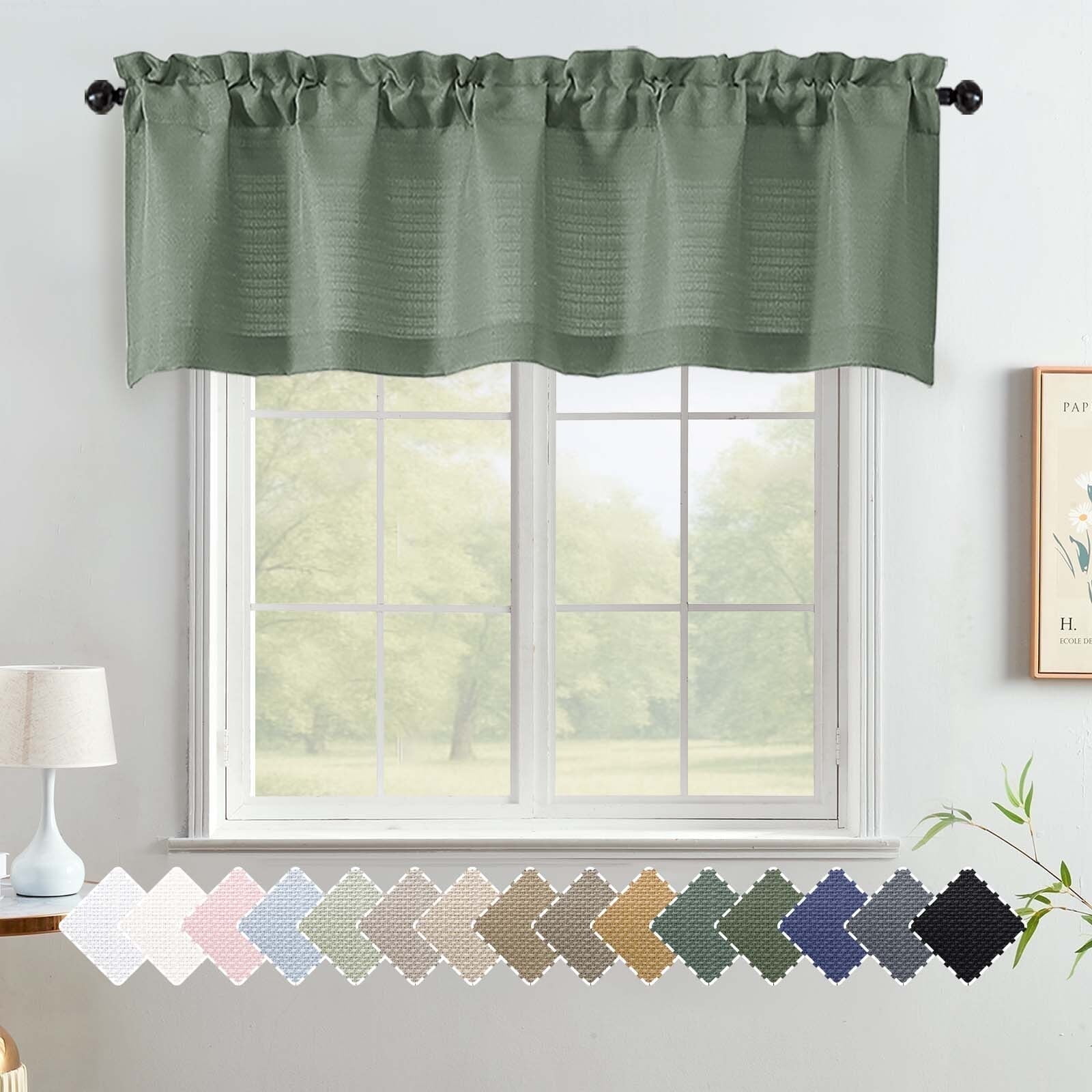 OVZME Bethany Sage Green Valance for Small Windows, Faux Linen Slub ...