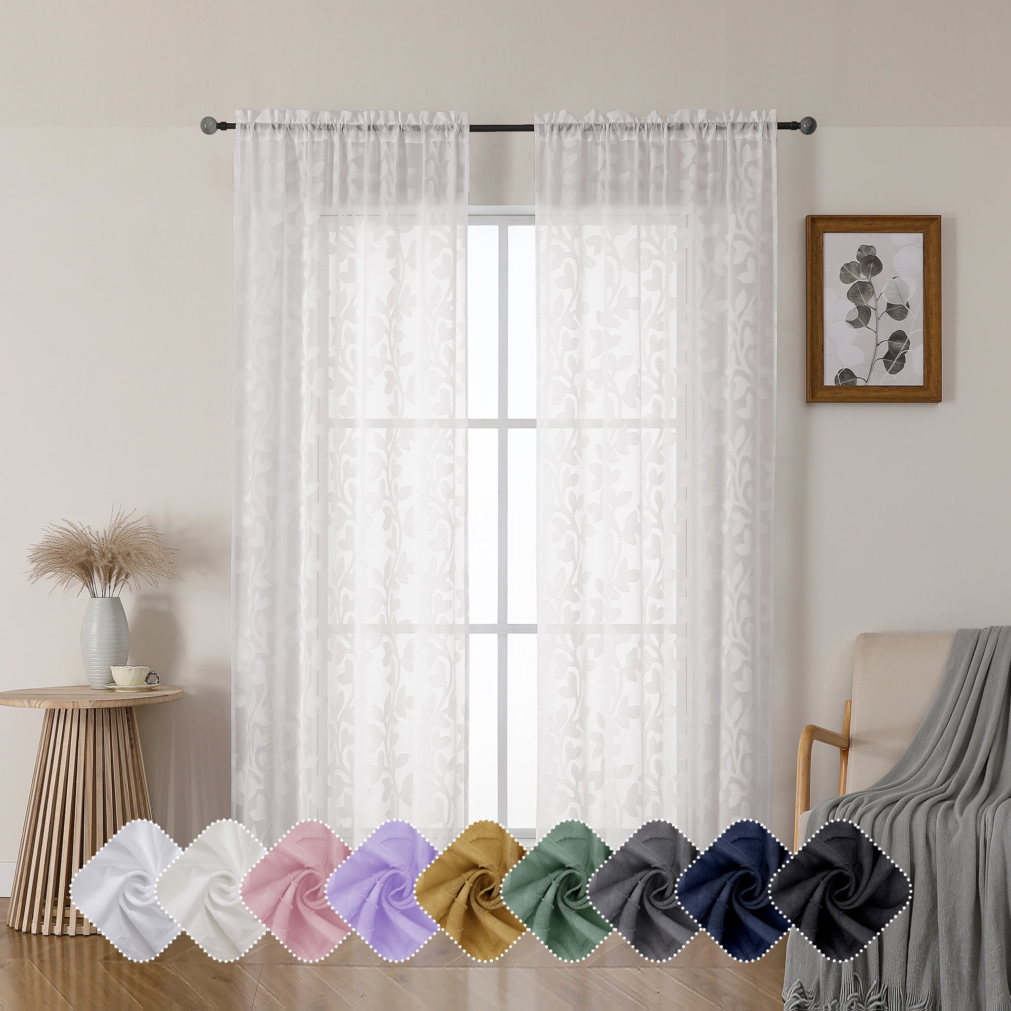 OVZME Darla Sheer Curtains 84 Inches Long 2 Panels for Bedroom Living Room, Solid Natural ...