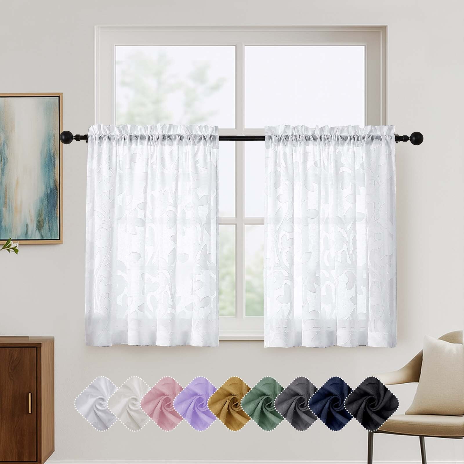 OVZME Darla White Sheer Curtains 30 Inch Long 2 Panels, Leaf Pattern ...